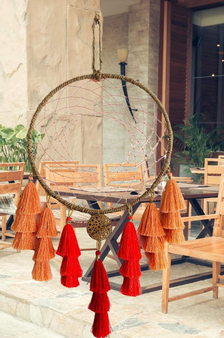 Now Is Now Boho Fall Autumn Rustic Urban Vibrant Wall Decor Amber Tassels Web Dream Catcher Hanging Height 23.6 in (60 cms),