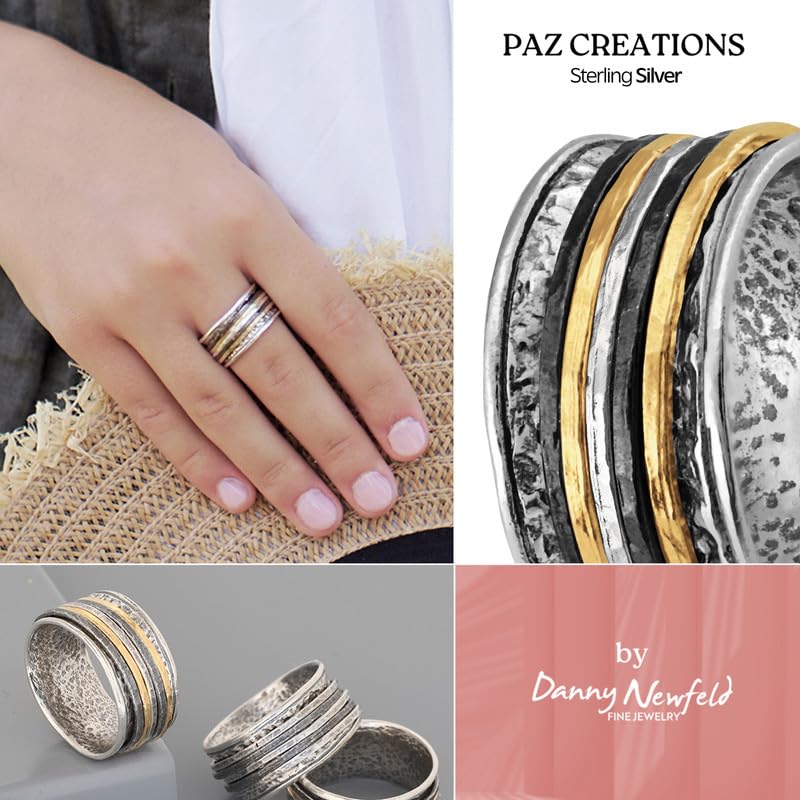 Paz Creations 925 Sterling Silver Spinner Rings for Women and Men - Hammered Pattern Thick Band Meditation Ring - Handcrafted Artisan Jewelry - Fidget Rings - Gift-Ready - 14K Yellow Gold Size 10