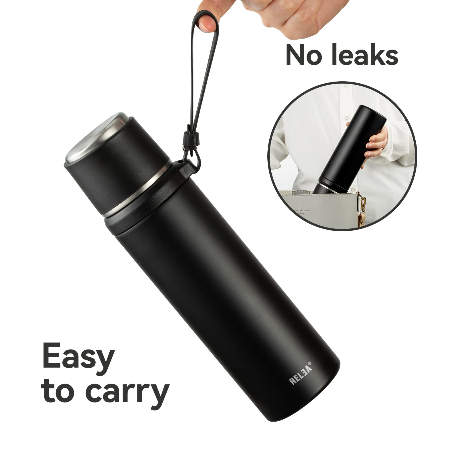RELEA Stainless Steel Water Bottle Vacuum Coffee Thermos with Leakproof Lid & Handle Double Walled Coffee Cup, Hot & Cold for Hours (17 OZ, Black)