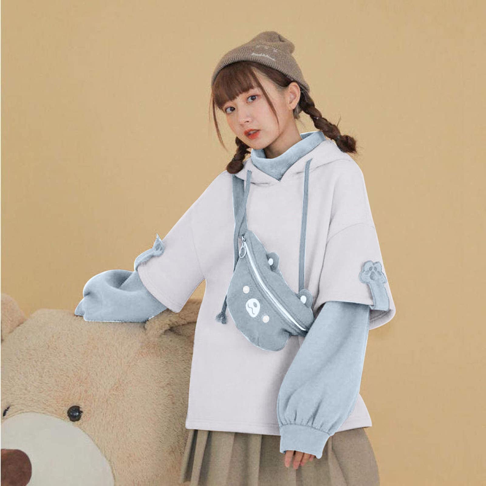 Mimacoo Cute Bear Hoodies for Teen Girls Brown Sweatshirt Long Sleeve Shirts Oversized Pullover with Personality Bag