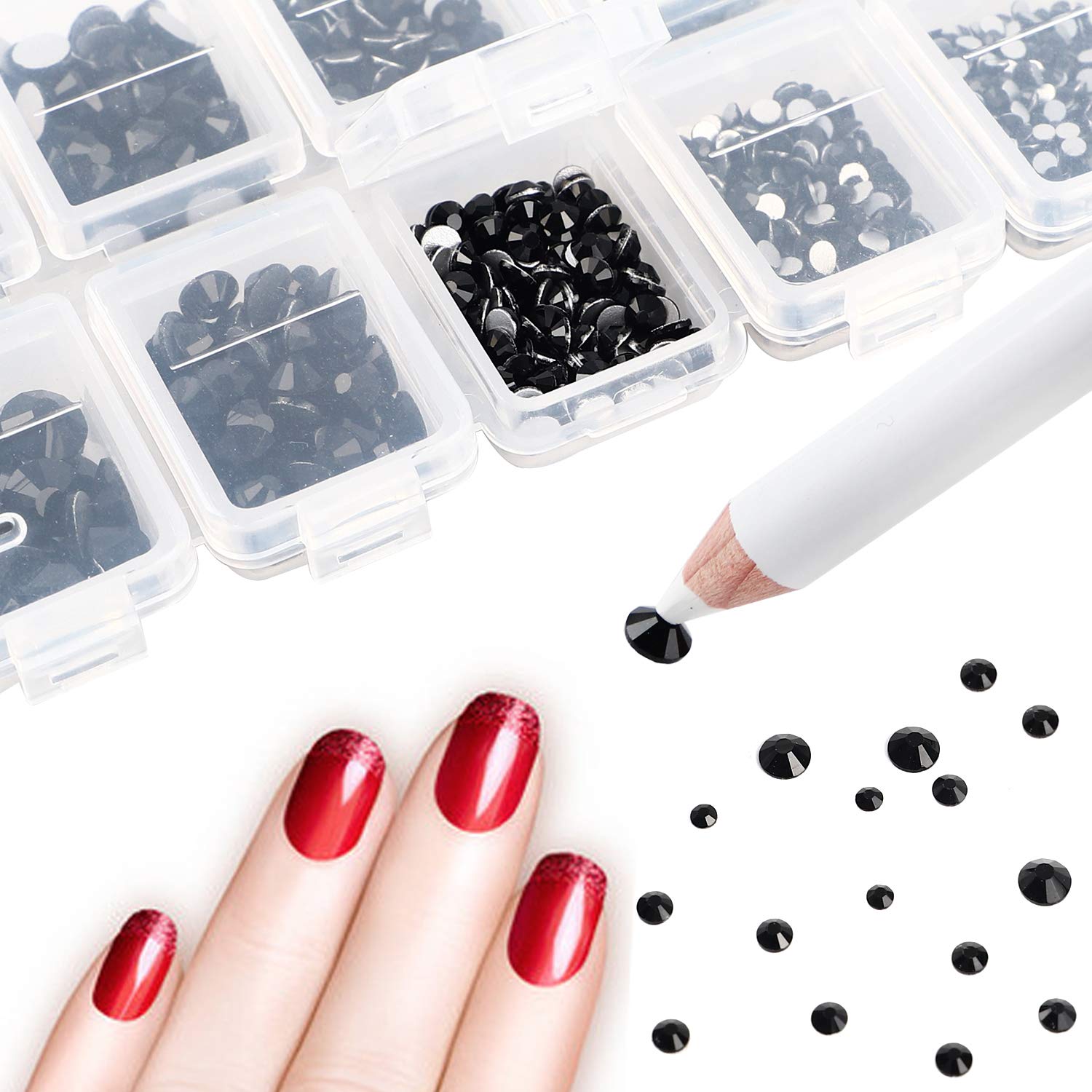 Outuxed 3200pcs Black Rhinestones 6 Size(1.6-6.4mm) FlatBack Crystal Rhinestones Gems for Crafts with Tweezers and Picking Pen