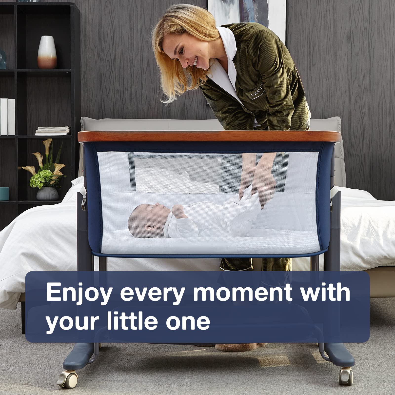 RONBEI Bedside Bassinet for Baby, Baby Bassinets Bedside Sleeper/Built in Wheels Infant Newborn Baby Cribs
