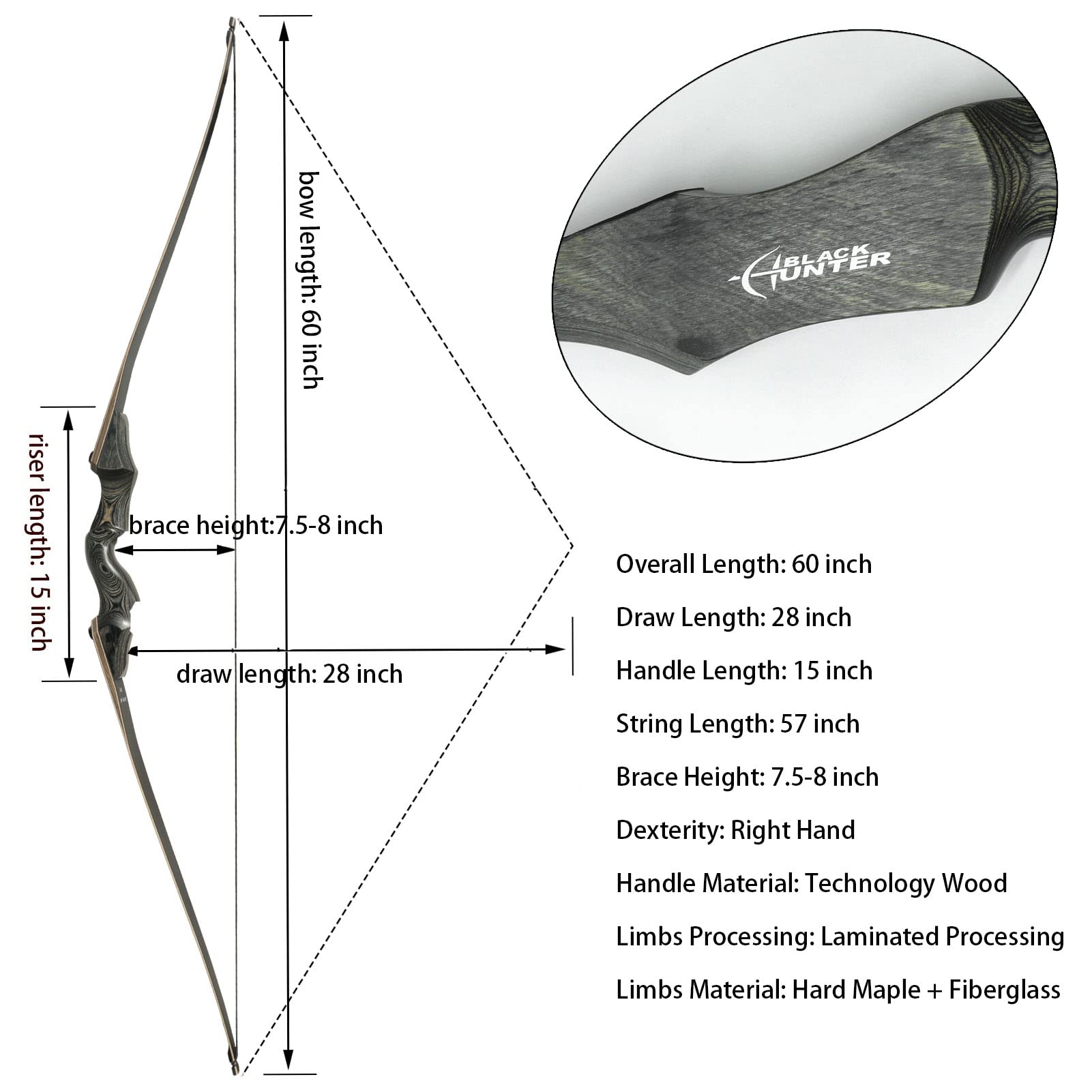 Obert Black Hunter Archery Takedown Recurve Bow American Longbow Adult Right Hand Hunting Wood Bow 60",60lbs Target Practice