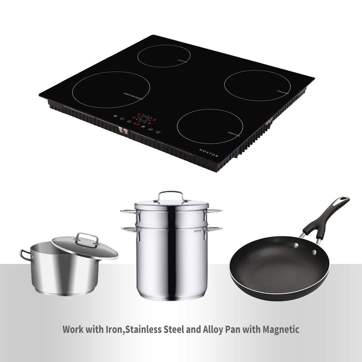 NOXTON Induction Cooktop, Electric Boost Stove Built-in 4 Burners Induction Cooker Black Glass with Touch Control, Child Lock, Timer, Hard Wired, Easy Cleaning Induction Cooker, 6400W, 220V~240V
