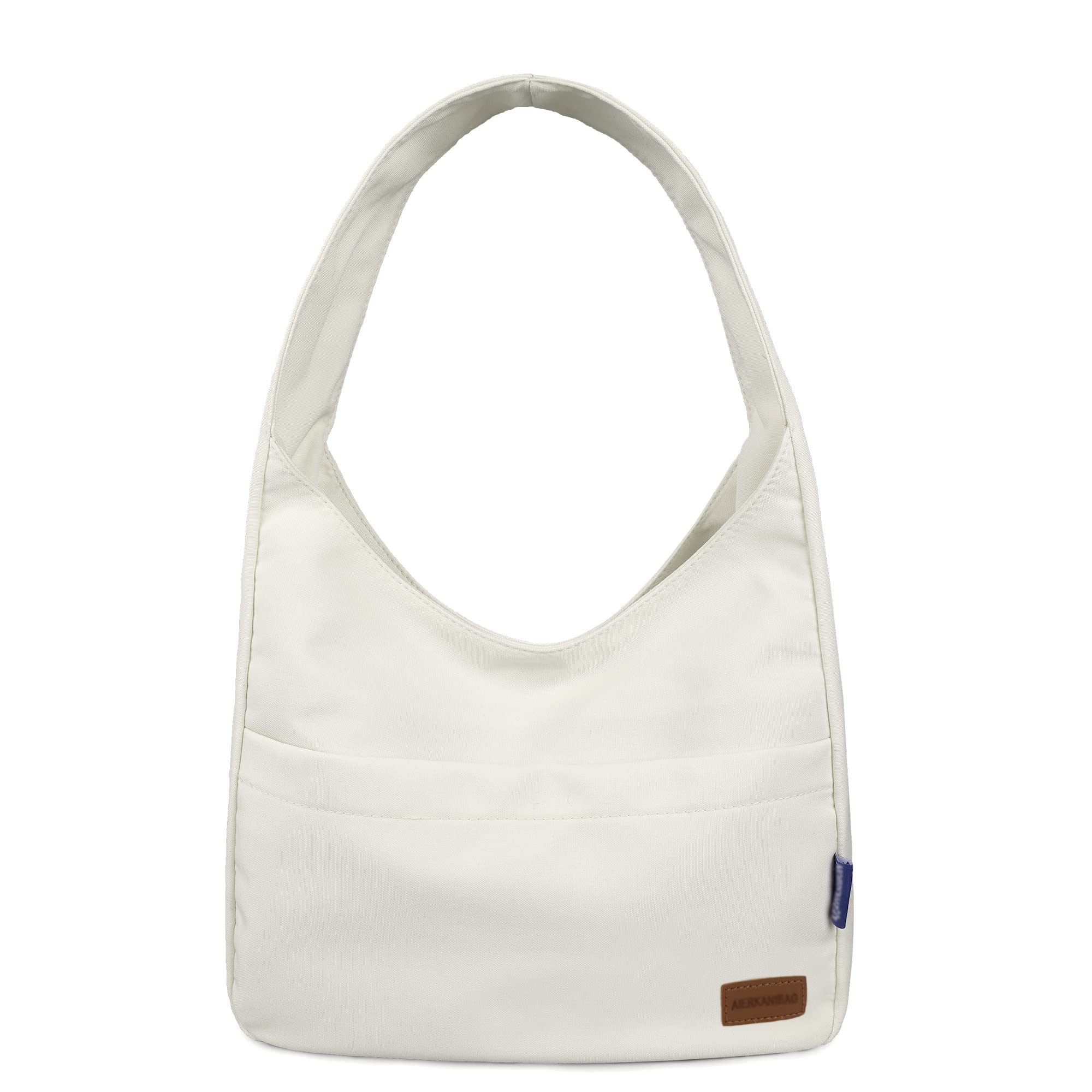 Women Nylon Tote Bag Large Hobo Handbag Casual Shoulder Bag with Pockets for Travel Work Shopping (White)