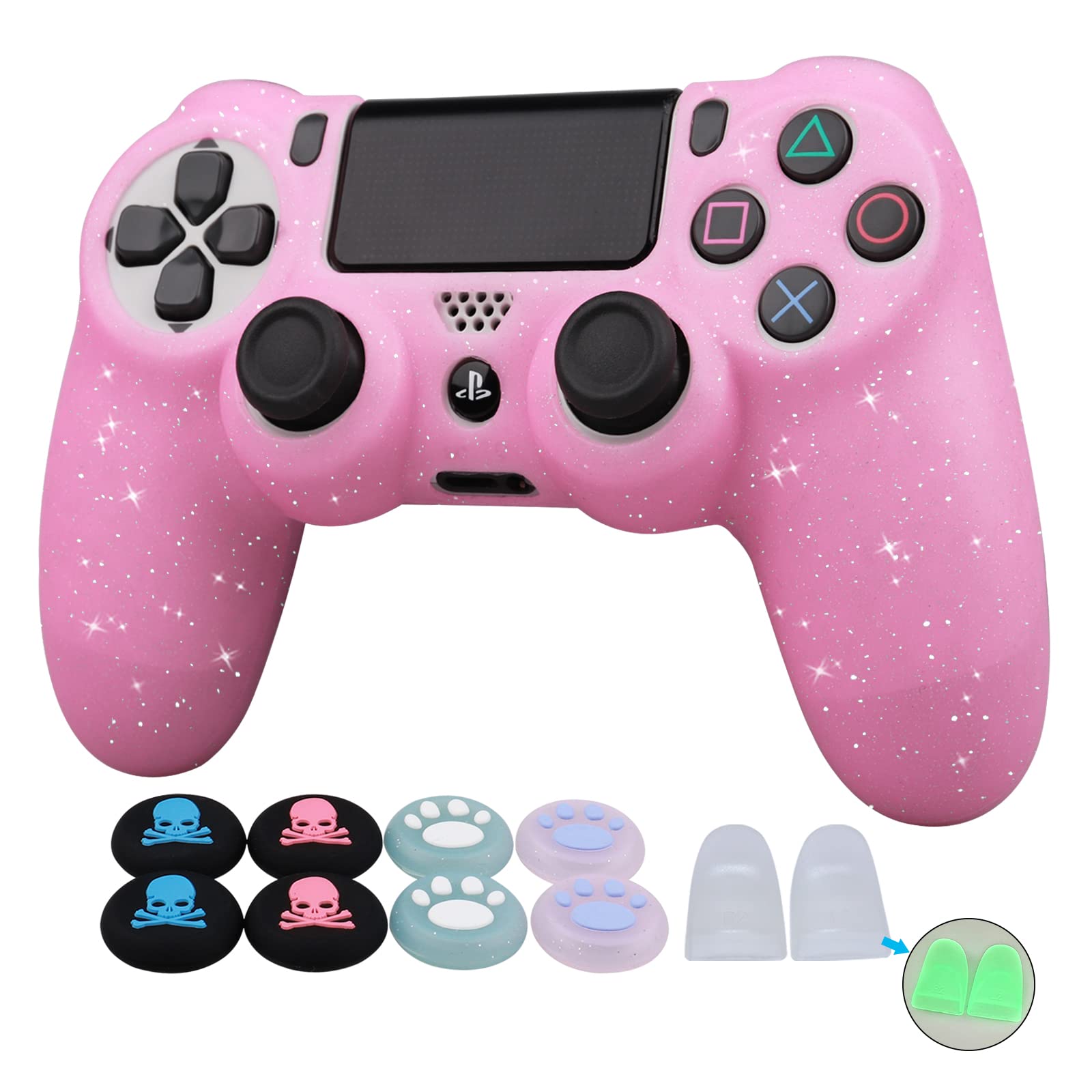 ROTOMOON PS4 Glitter Silicone Controller Skins with 8 Thumb Grips & L2 R2 Trigger Protector, Sweat-Proof Anti-Slip Controller Cover Skin Protector Compatible with Playstation 4 Slim/Pro Controller