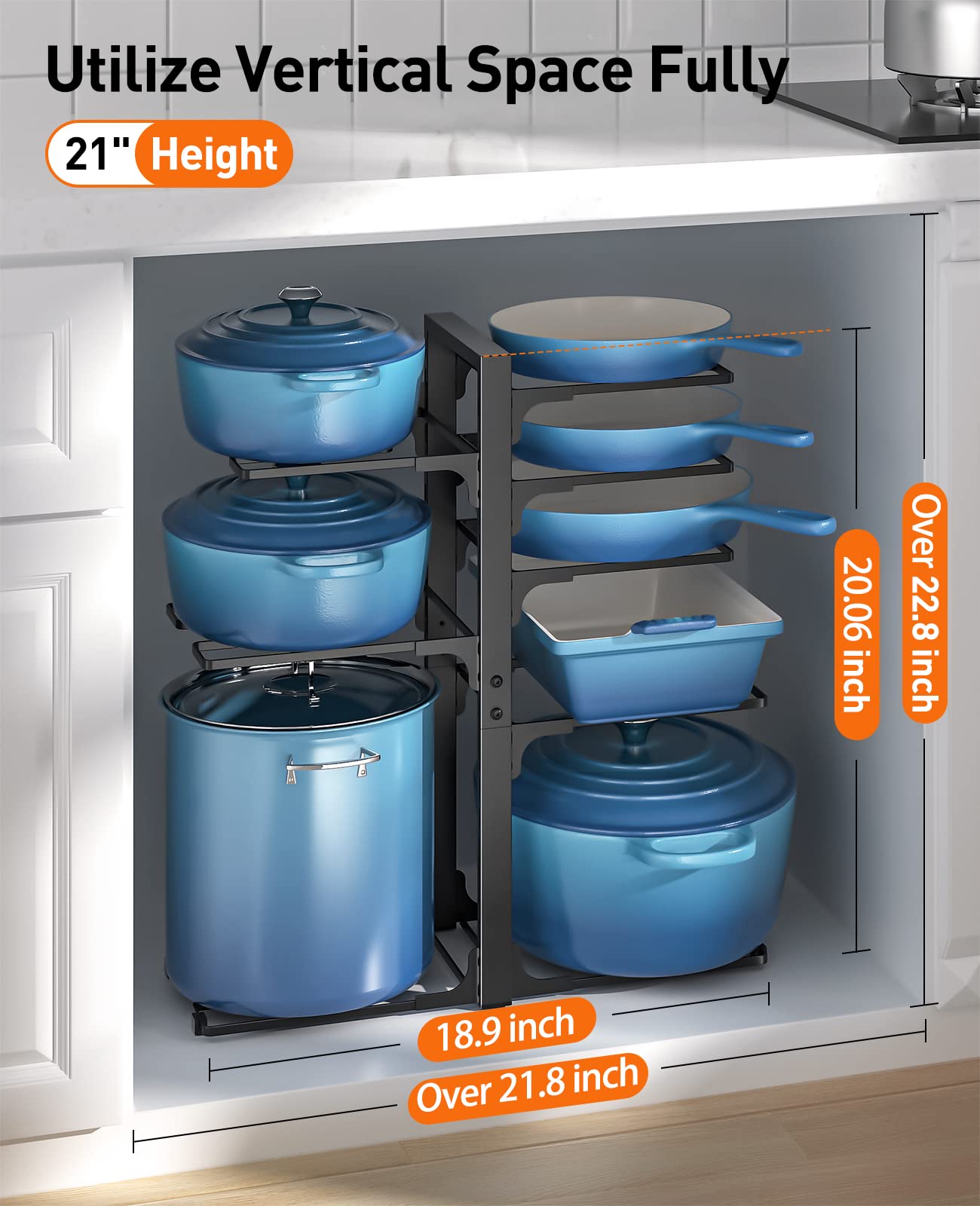 ORDORA Pots and Pans Organizer: under Cabinet, 21" Height Heavy Duty 120LBS Pots Pans Organizer Rack for under Cabinet 8-Tier Adjustable for Big Stockpots, Dutch Ovens, Cast-iron Pans, Heavy Cookware