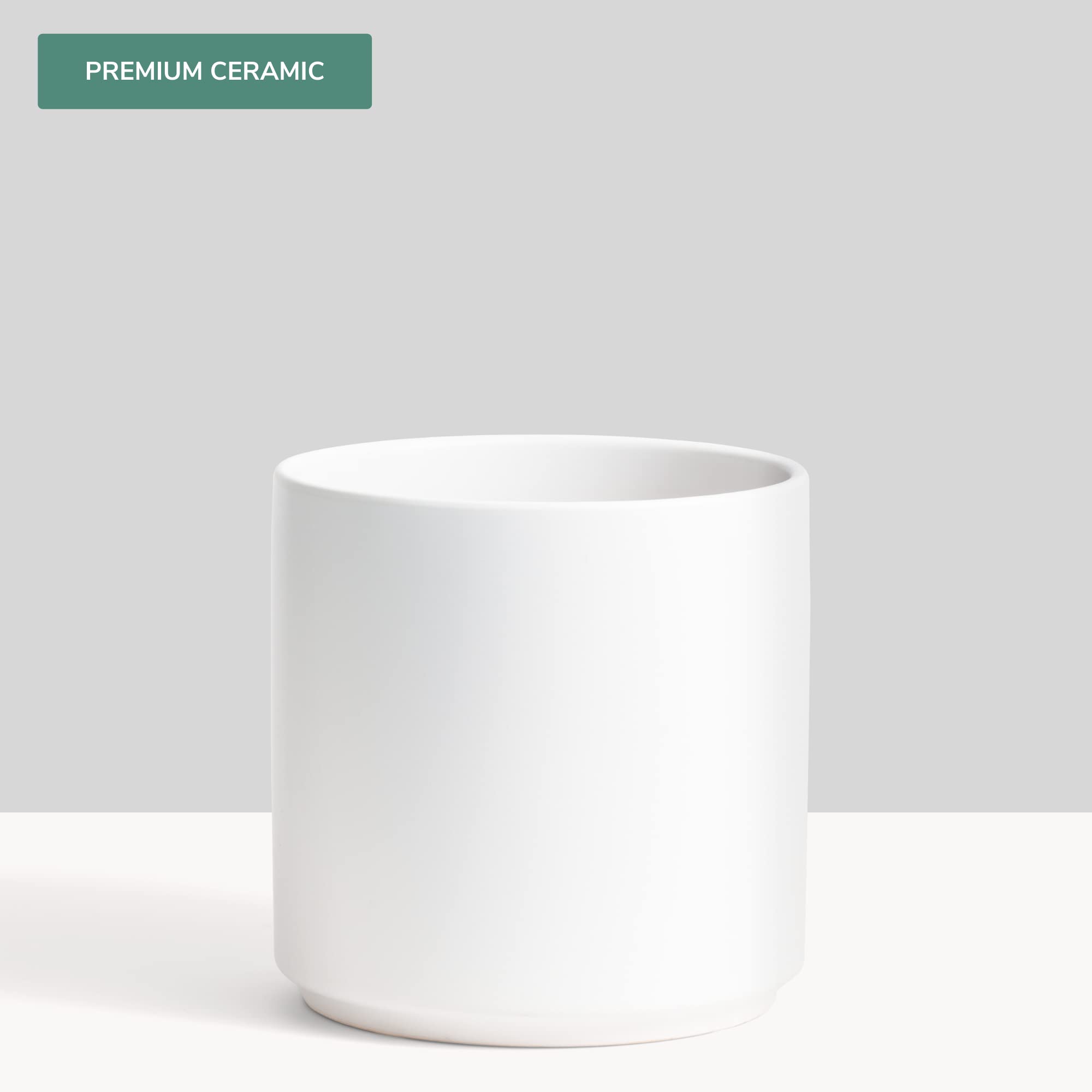 PEACH & PEBBLE 10 Inch White Ceramic Planter. Classic Cylinder Plant Pot for House Plants and Indoor Plants (Drainage + Stopper Included).