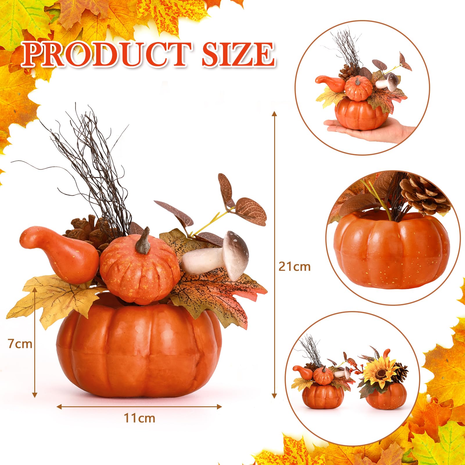 Omldggr Artificial Autumn Pumpkin Decoration for Home, Fake Fall Potted Plants with Sunflowers Maple Leaves Berry Pine Cone for Harvest Thanksgiving Kitchen Home Fall Decor Table Centerpieces(2PCS)