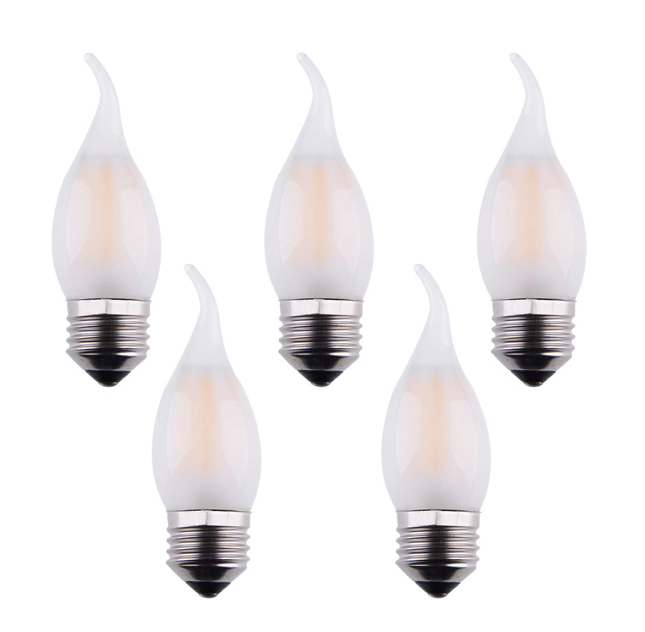 OPALRAY C35 6W(60W Incandescent Replacement) LED Candelabra Bulb, LED Filament Bulb with E26 Medium Base, Soft Warm White Light, Eye-Protect Frosted Glass Housing, Dimmable, Flame Tip, 5-Pack