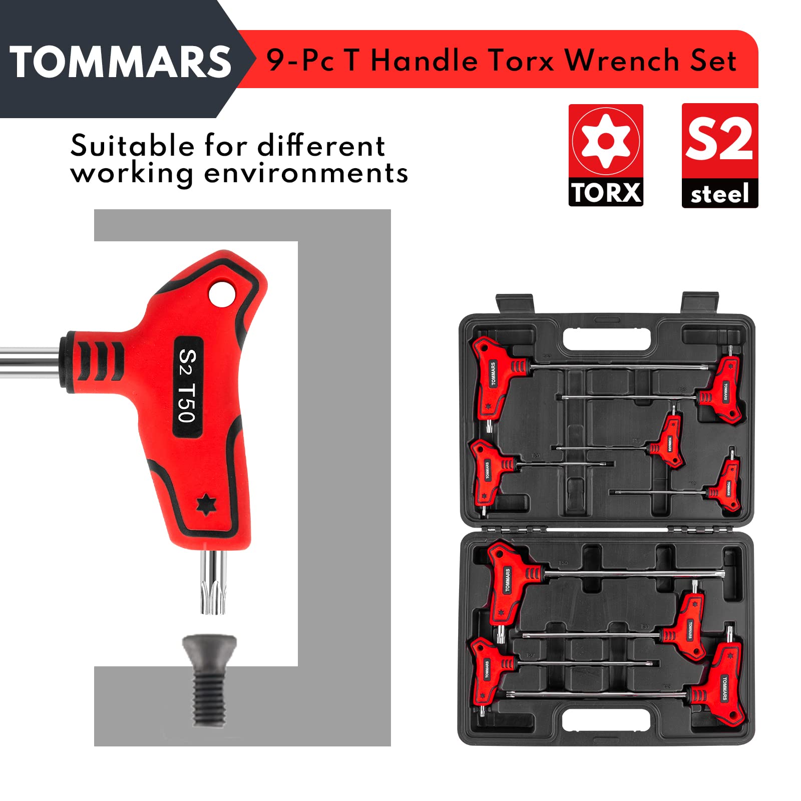 TOMMARS 9PC T Handle Torx Wrench Set, S2 Steel, T10 - T50 Tamper Proof Star Key Set