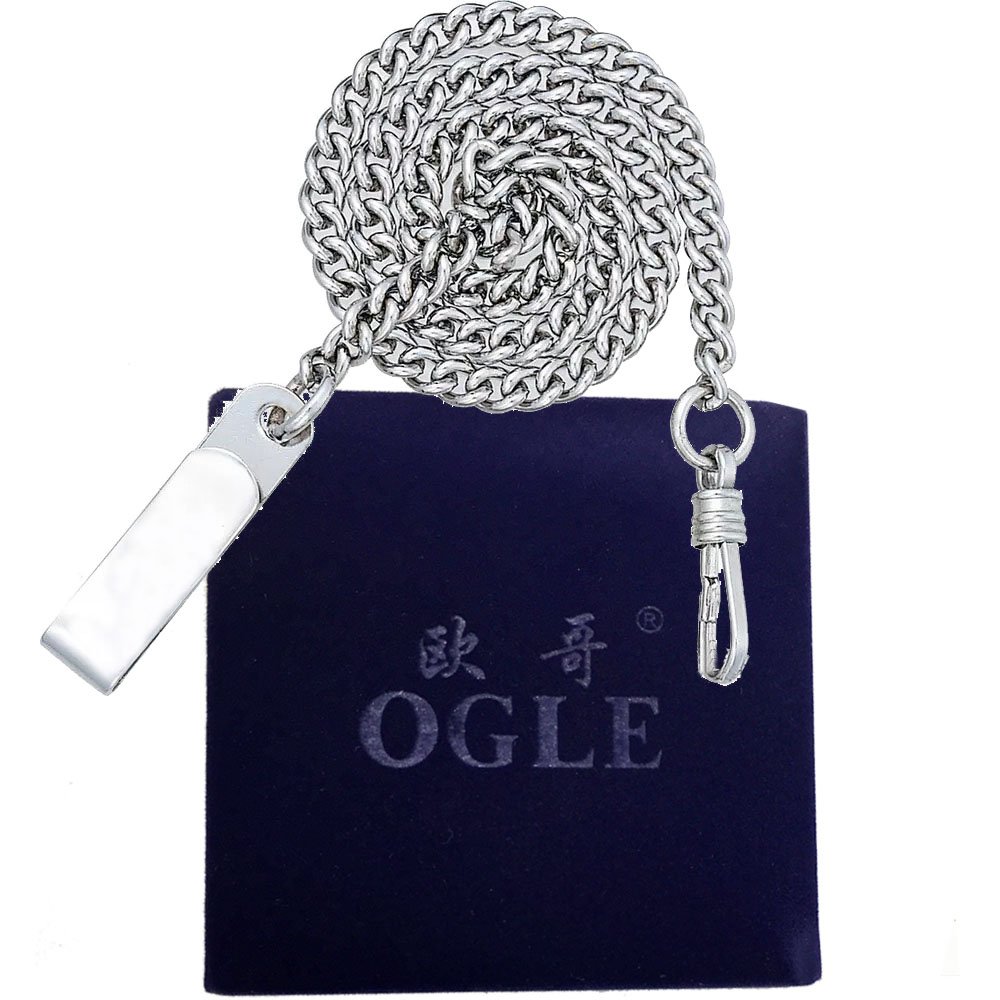 OGLE Waterproof Distorting Mirror Tourbillon Phases Sun Moon Chain Fob Skeleton Automatic Mechanical Pocket Watch (Silver Black)
