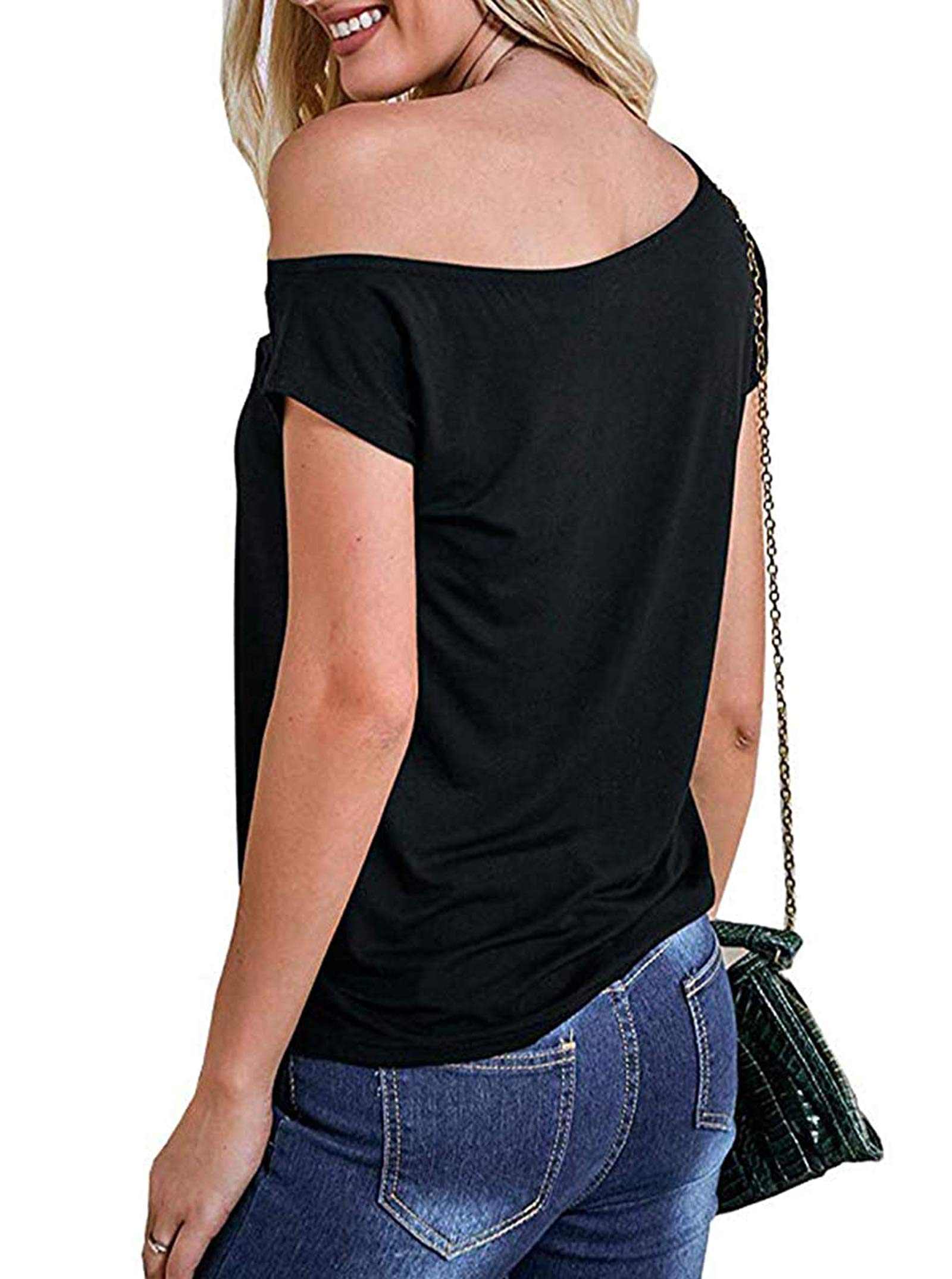 Remidoo Women Off The Shoulder Tops Short Sleeve Sun and Moon T-Shirt Casual Blouse B-Black Large