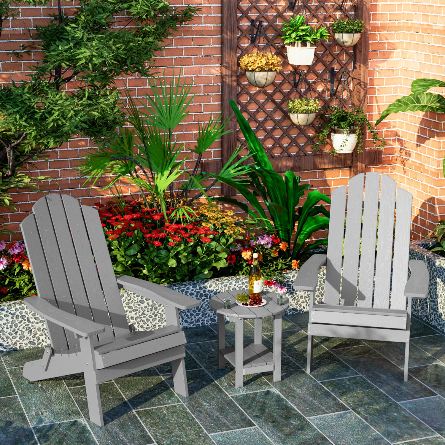 MXIMU 3-Piece Oversize Modern Adirondack Chair and Table Set, Fire Pit Seating, Foldable Outdoor Lounger Armchair, Lawn Chairs Furniture for Beach Poolside Balcony Patio Grey