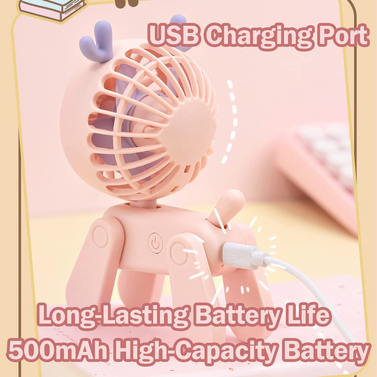 NICE POINT Mini Desk Fan for Kids,Cute Portable Rechargeable White Puppy Table Fan, 3 Speeds Children students handheld folding Small fan for Home Office Outdoor Camping