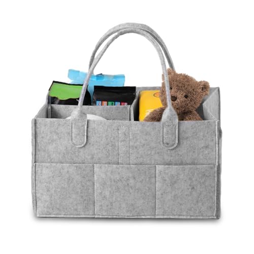Orenic Light Grey Felt Diaper Tote Bag, Spacious Nursery Organizer for Diapers, Storage, and Baby Essentials, Gift for Boys and Girls, Felt Diaper Caddy Organizer