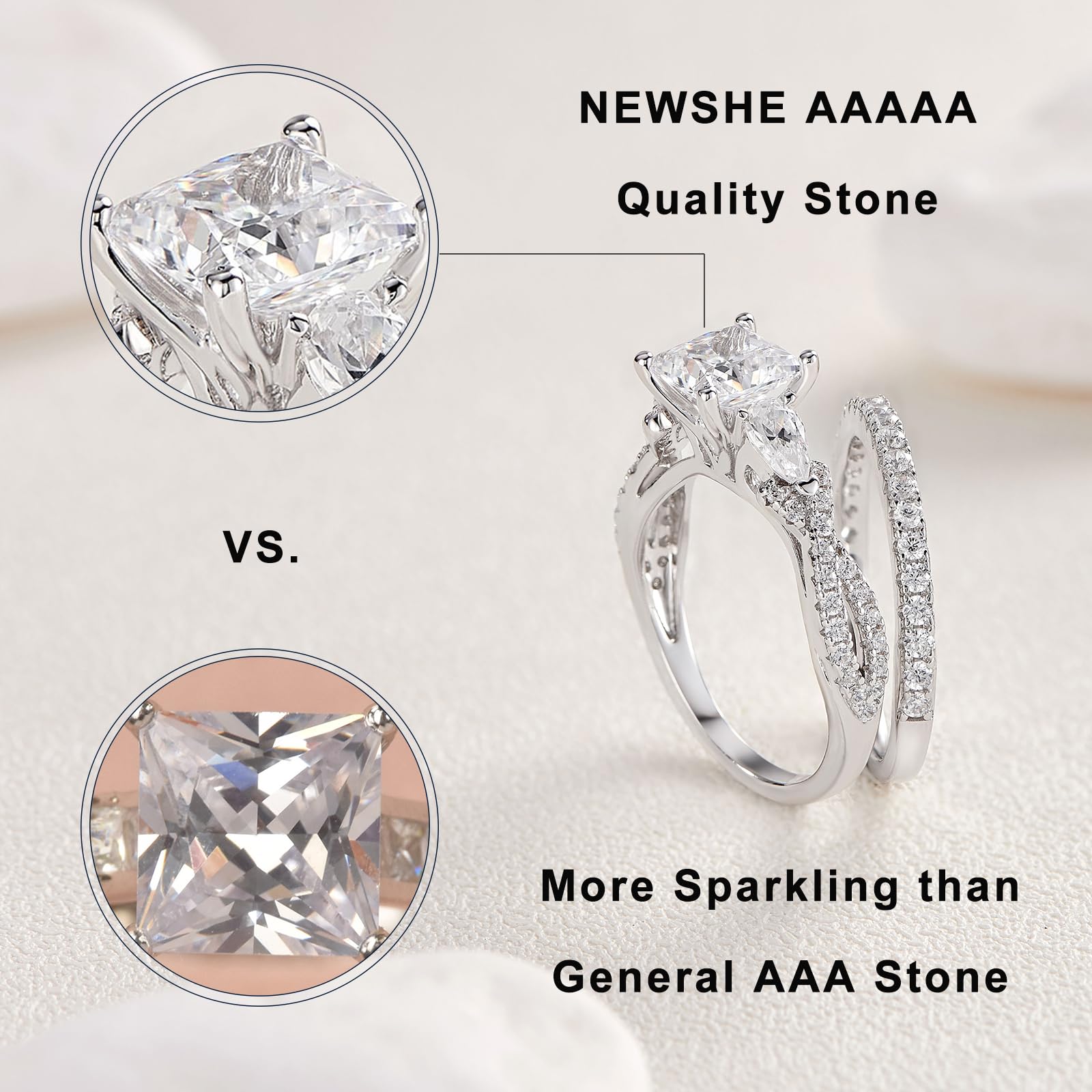 Newshe 1.7ct Princess Pear White AAAAA Cz 925 Sterling Silver Engagement Wedding Ring Set Size 7
