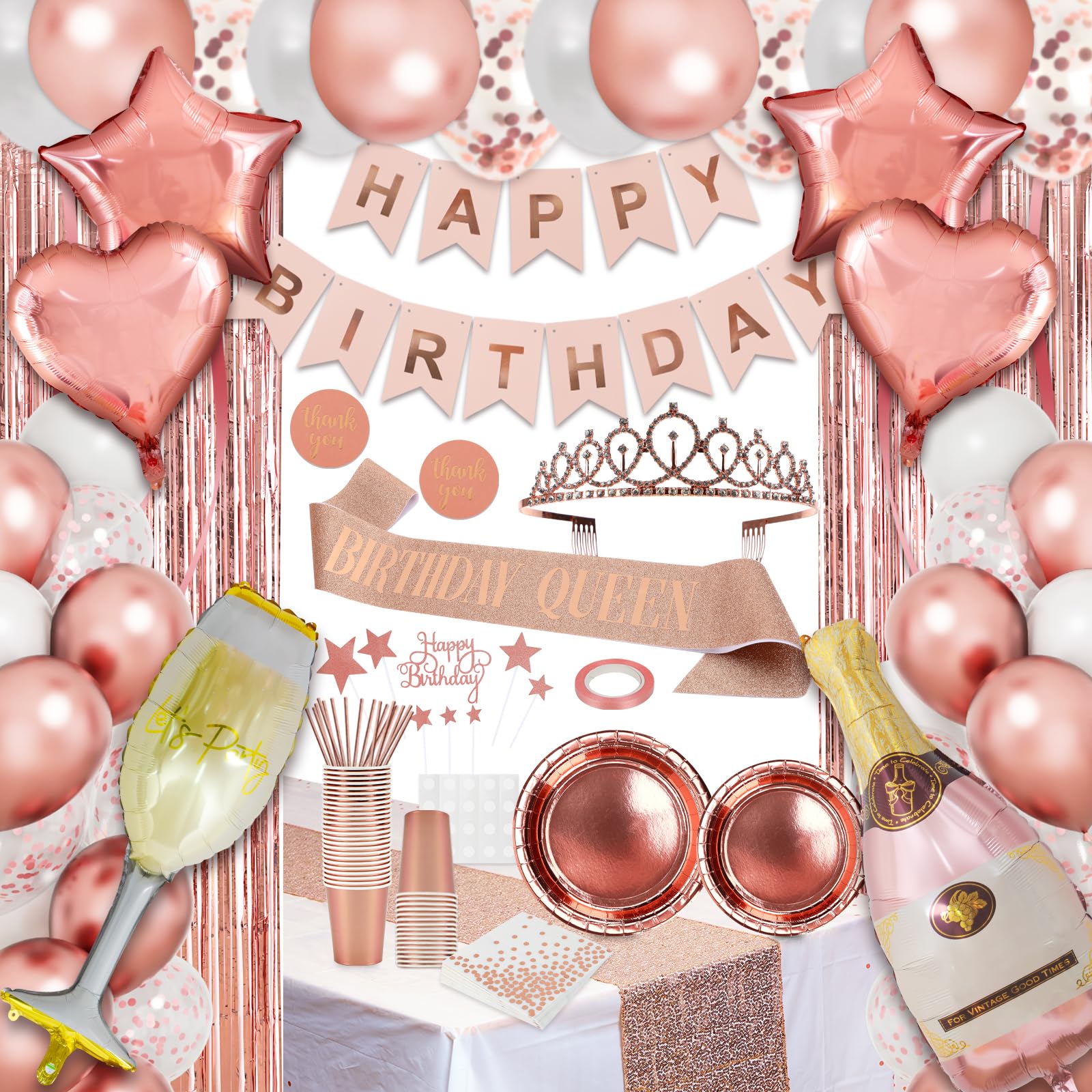 RUBFAC 248pcs Rose Gold Birthday Party Decorations Kit for Women Girls, Happy Birthday Banners, Balloons, Tablecloth, Table Runner, Sash, Tiara, Plates, Cups, Napkins Straws Party Supplies