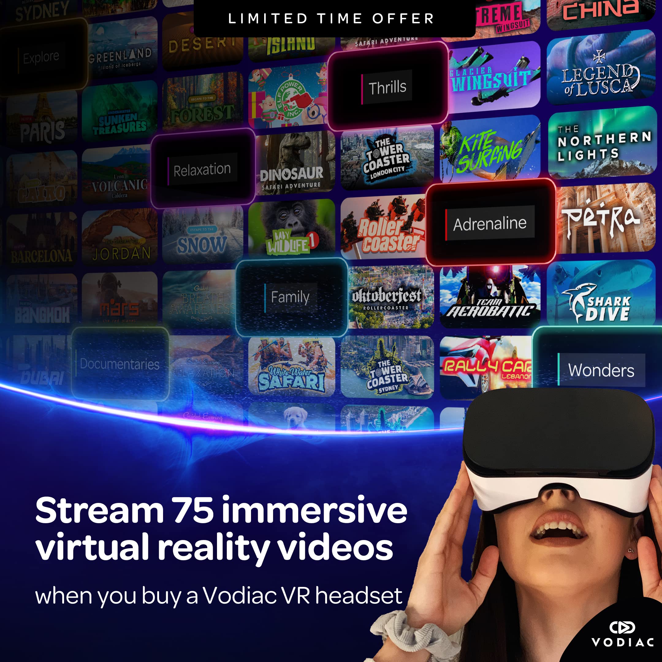 Vodiac VR - Virtual Reality Goggles, 75 Free VR videos & More via The Vodiac in-App Streaming Service. Powered by Your Smartphone iPhone Android Compatible White