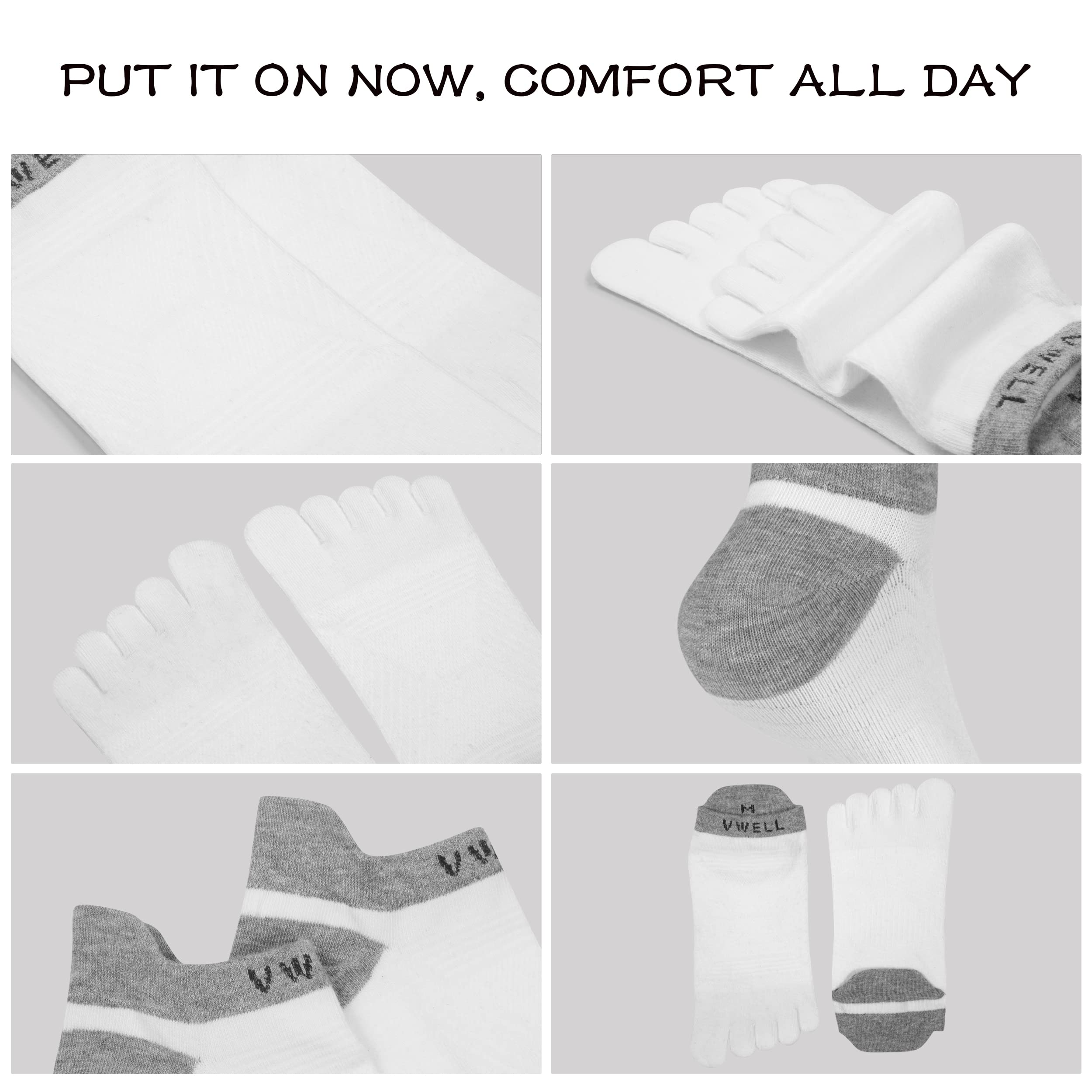 VWELL Cotton Toe Socks Five Finger Socks No Show Crew Athletic Running Socks 4 Pairs,Size 7-11