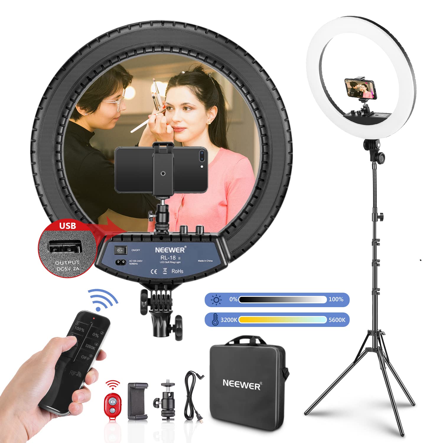 Neewer 14/18-inch LED Ring Light with Stand and 2.4G Wireless Remote, with Soft Tube