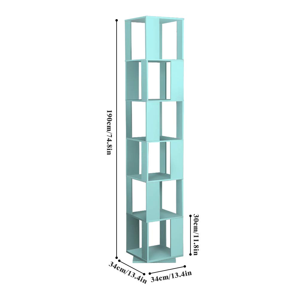 QIHANG-US 6 Tier Wooden Bookcase Corner Tall Book Shelf Modern 360° Rotating Storage Display Rack Floor Standing Shelves with Open Design Shelving Unit for Home Office Living Room Study, Blue