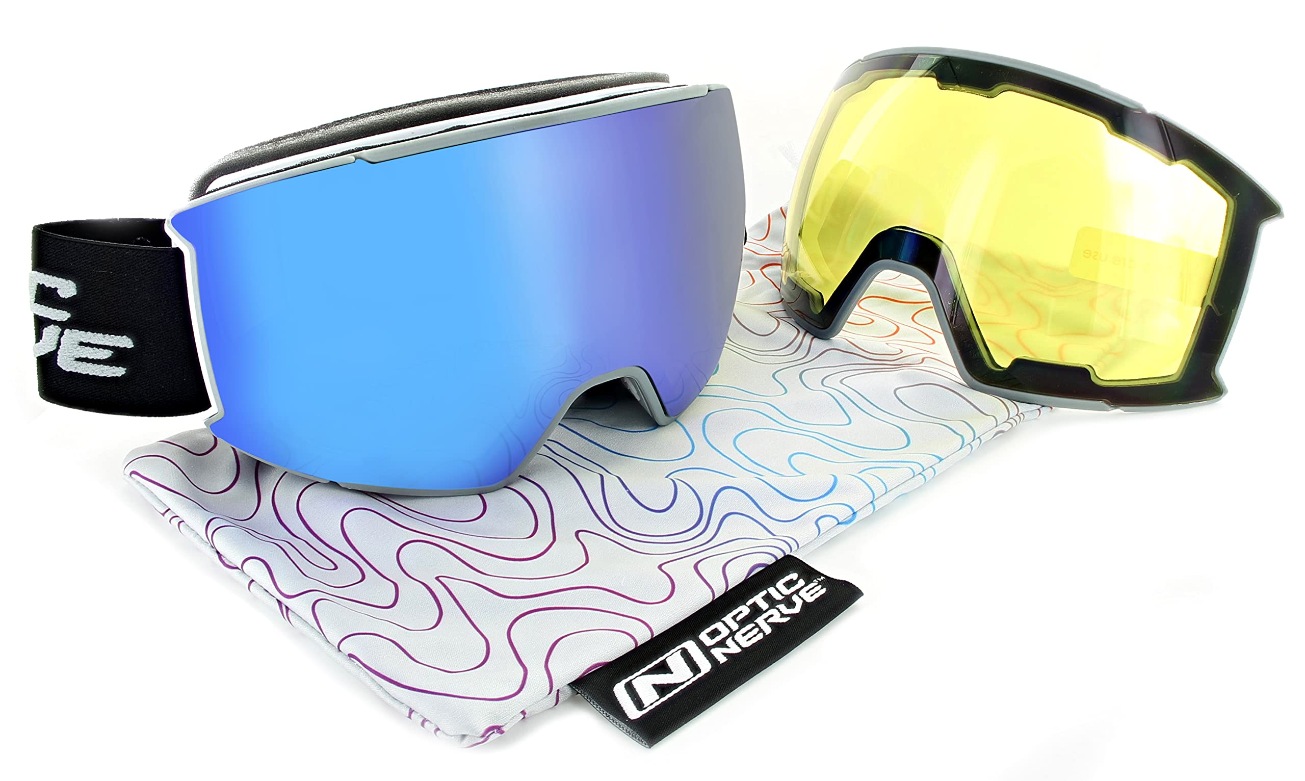 Optic Nerve - 2022 Premium & Affordable Goggles, Wolf Creek Edition with Shiny White Frame/Blue Zaio Mirror/Yellow Lens
