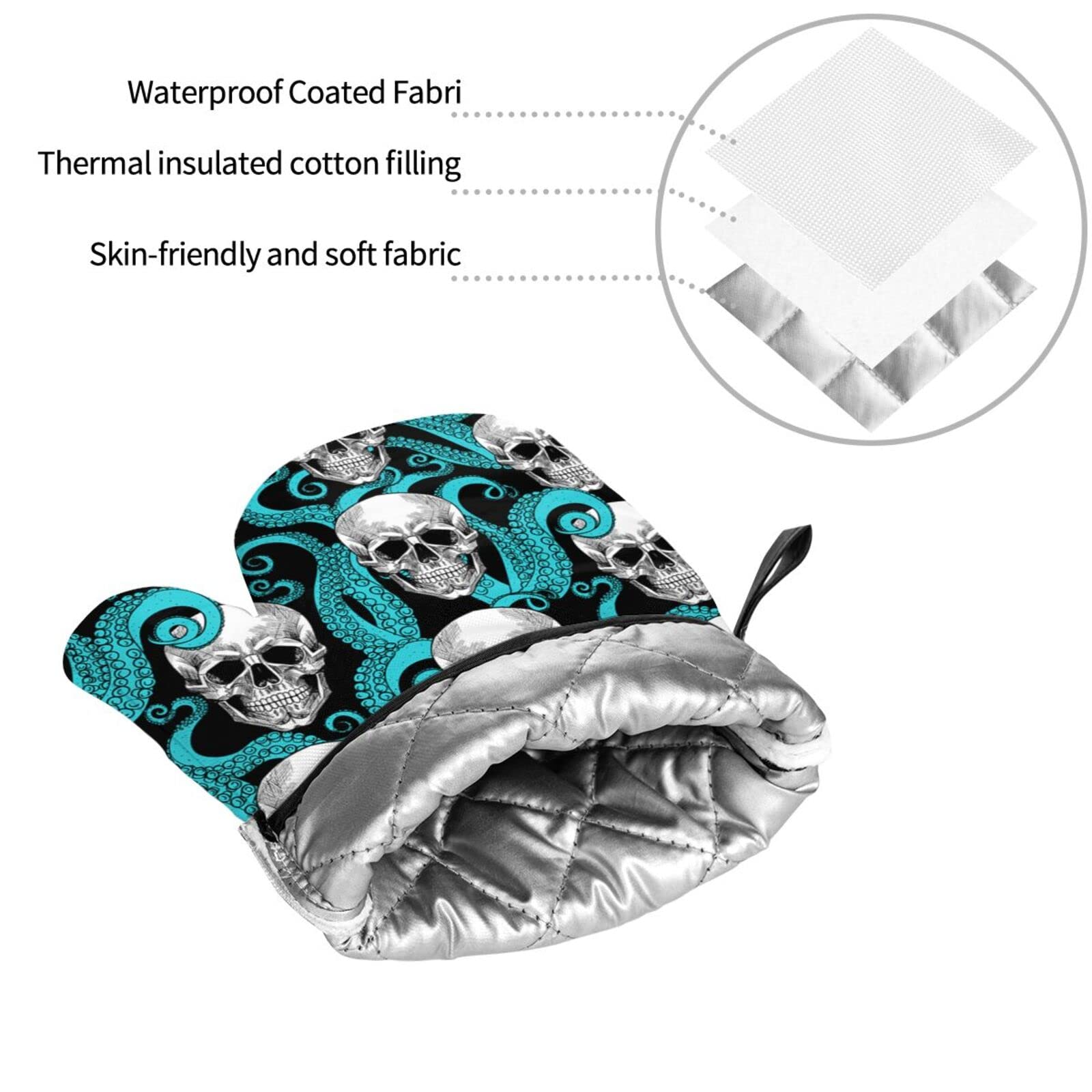 Skull Oven Mitts and Pot Holders 4pcs Sets,Funny Kitchen High Heat Resistant Oven Mitts,with Oven Gloves and Hot Pads Pot Holders for Baking Cooking BBQ Grilling