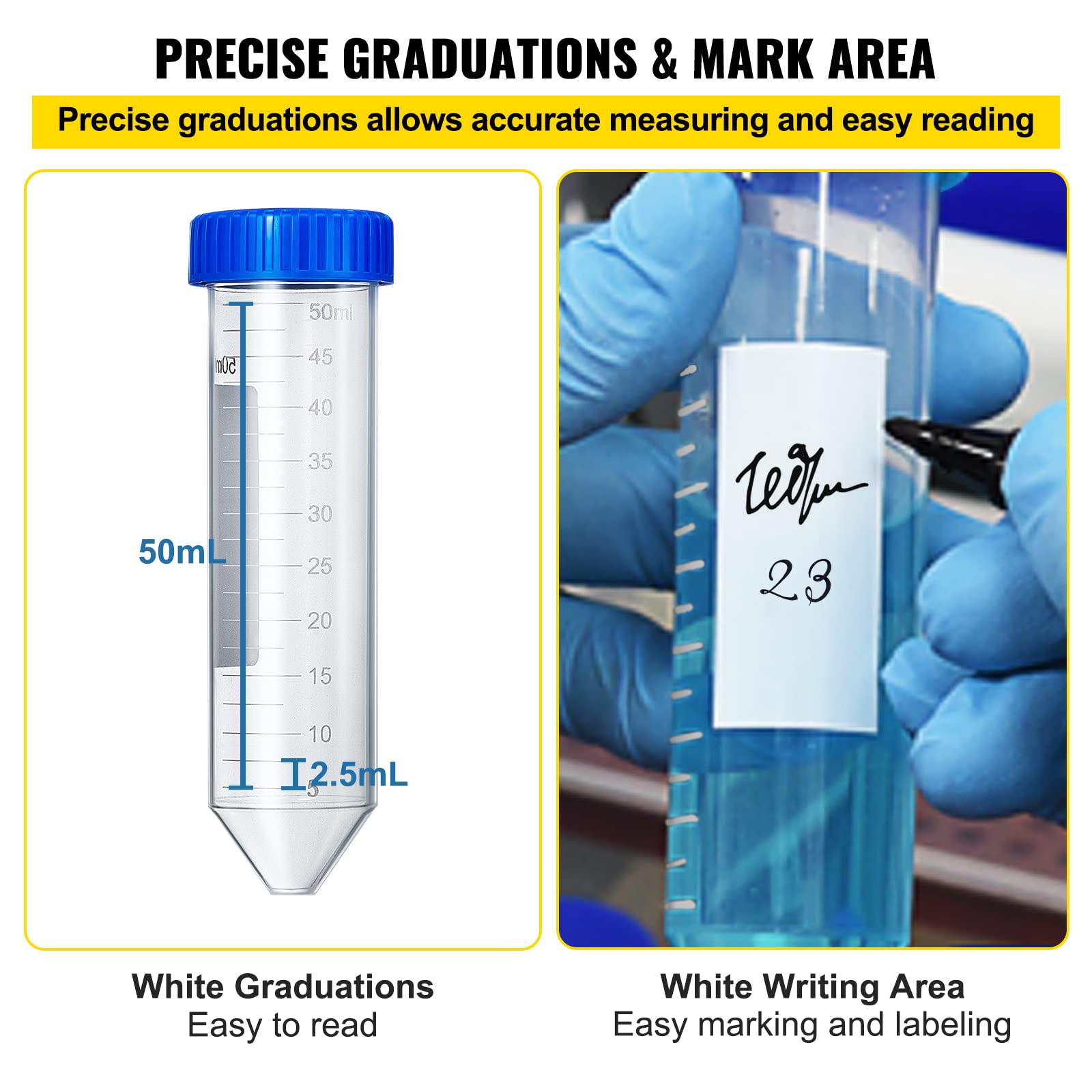 VEVOR Conical Centrifuge Tubes, 50mL, 500Pcs PP EO Sterilized Graduated Container w/Leak-Proof Screw Cap, Write Mark & Test Tube Rack, DN/RNase Free, for Sample Storage & Separate, Blue & Orange