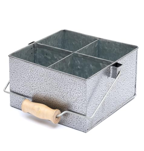 THE ARTIQUE Handmade Farmhouse Galvanized Metal Condiments Square Caddy with Silver Texture and Foldable Handle for KItchen Utenlsils, Dinning Table, Silverware, Picnic, Party Etc-SILVER ANTIQUE