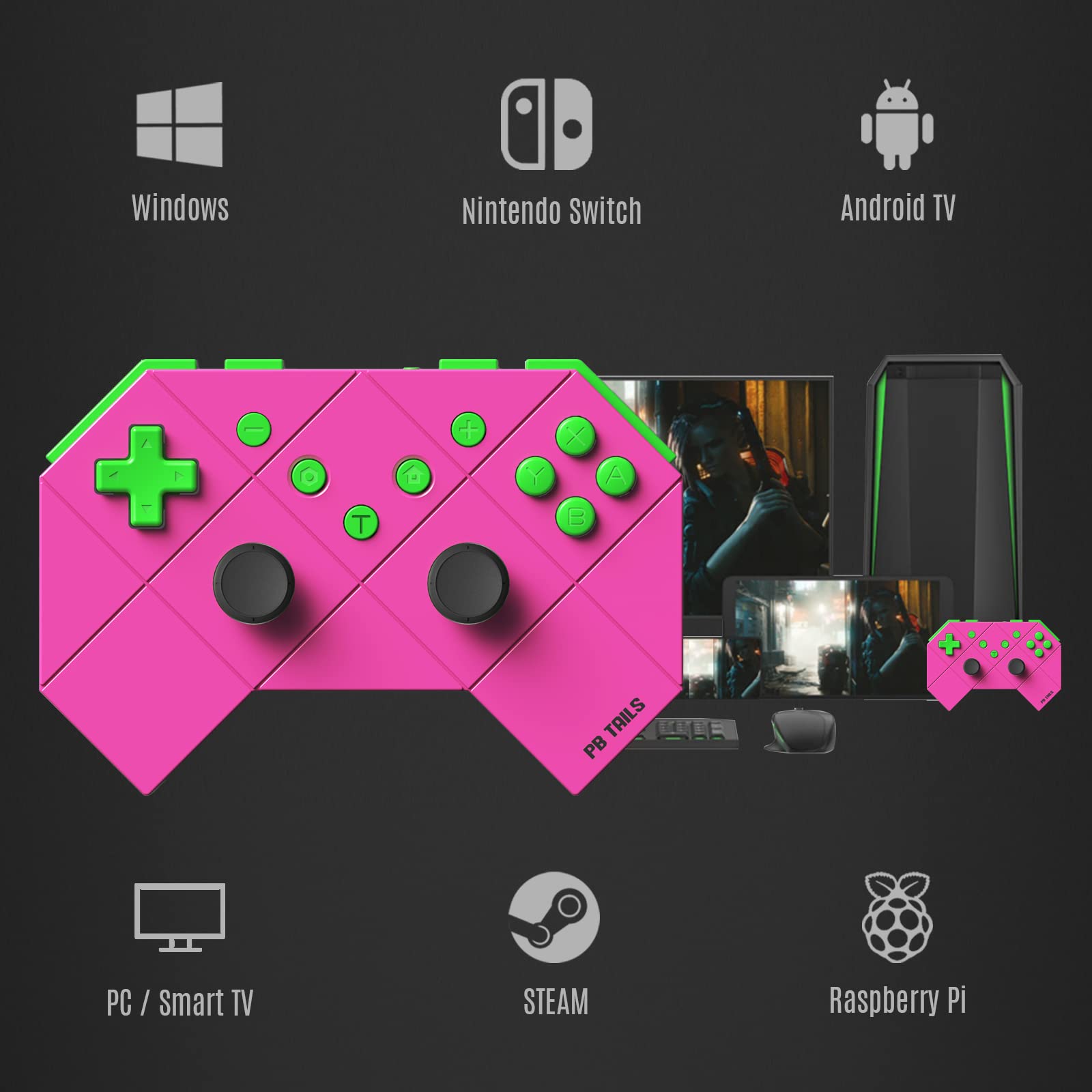 PB TAILS CHOC Chic Bluetooth Controller for Switch, PC, Steam, Android - Portable Switch Wireless Controller with Turbo-Mode, Motion Control, Vibration, Wake Up Function & Carry Case - Neon Pink