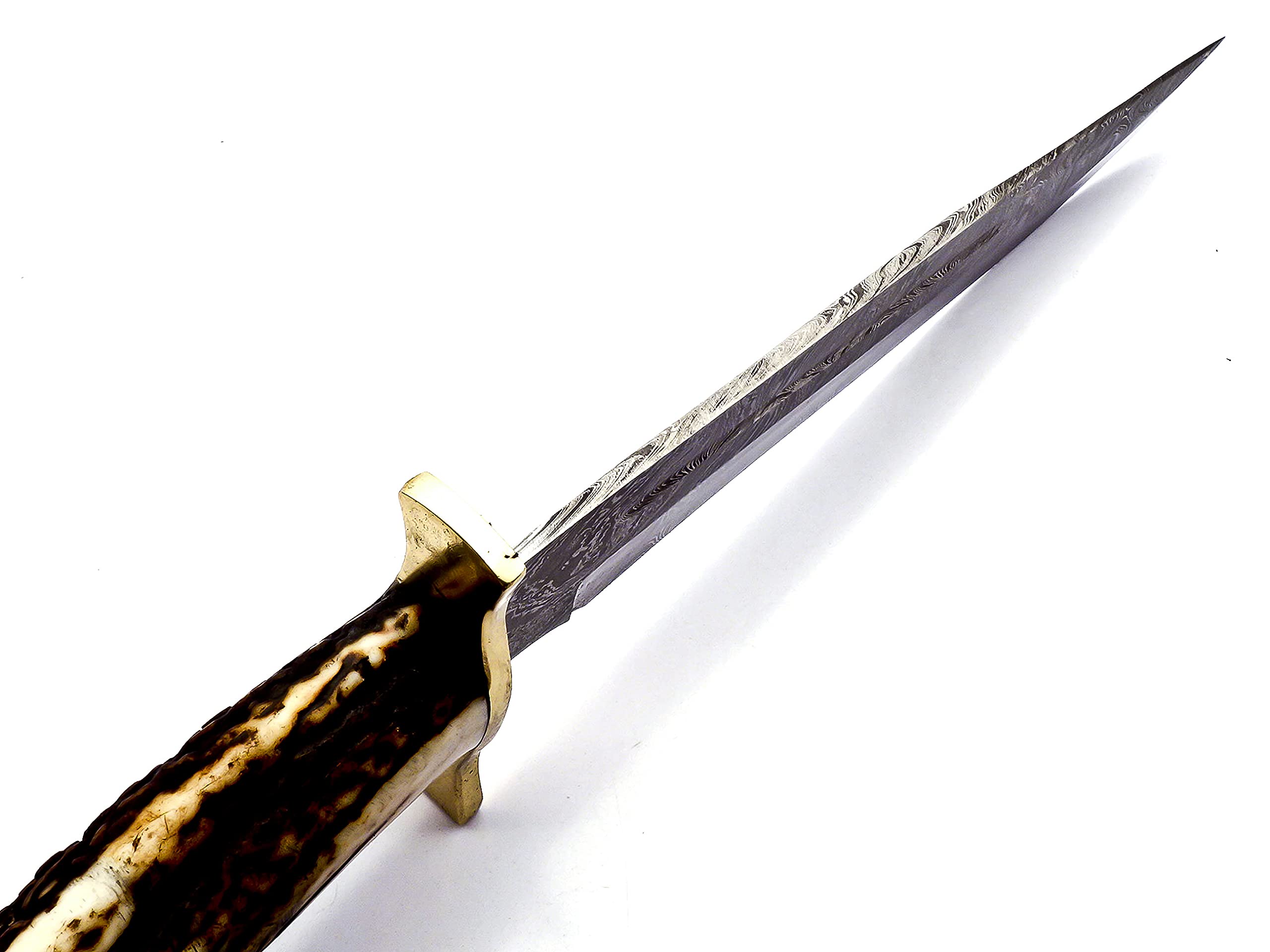 Skokie Knives Damascus Steel Bowie Knife Bull Horn Handle with & Brass Guard β16β Handmade Premium Quality Sharp Edge Fix Blade -Genuine Multipurpose Knife Ideal for Hunting, Camping (Stage B)