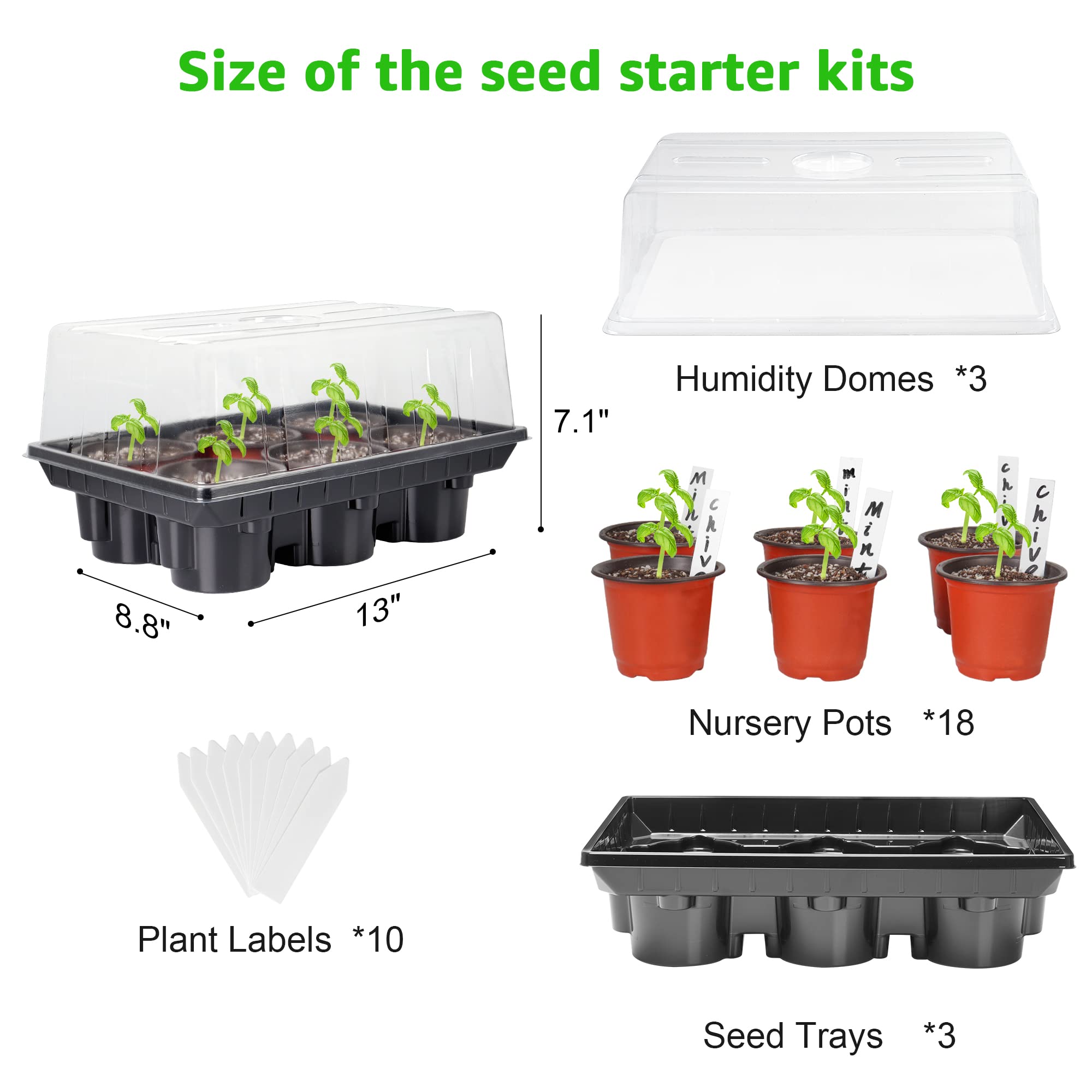 MIXC Seed Starter Tray,3 Packs Seed Tray with Humidity Dome,Black Seed Starter Kits with 18 Pcs 4 inch Nurserty Pots and 10Pcs Plant Labels Greenhouse Germination Kit for Seeds Growing Starting