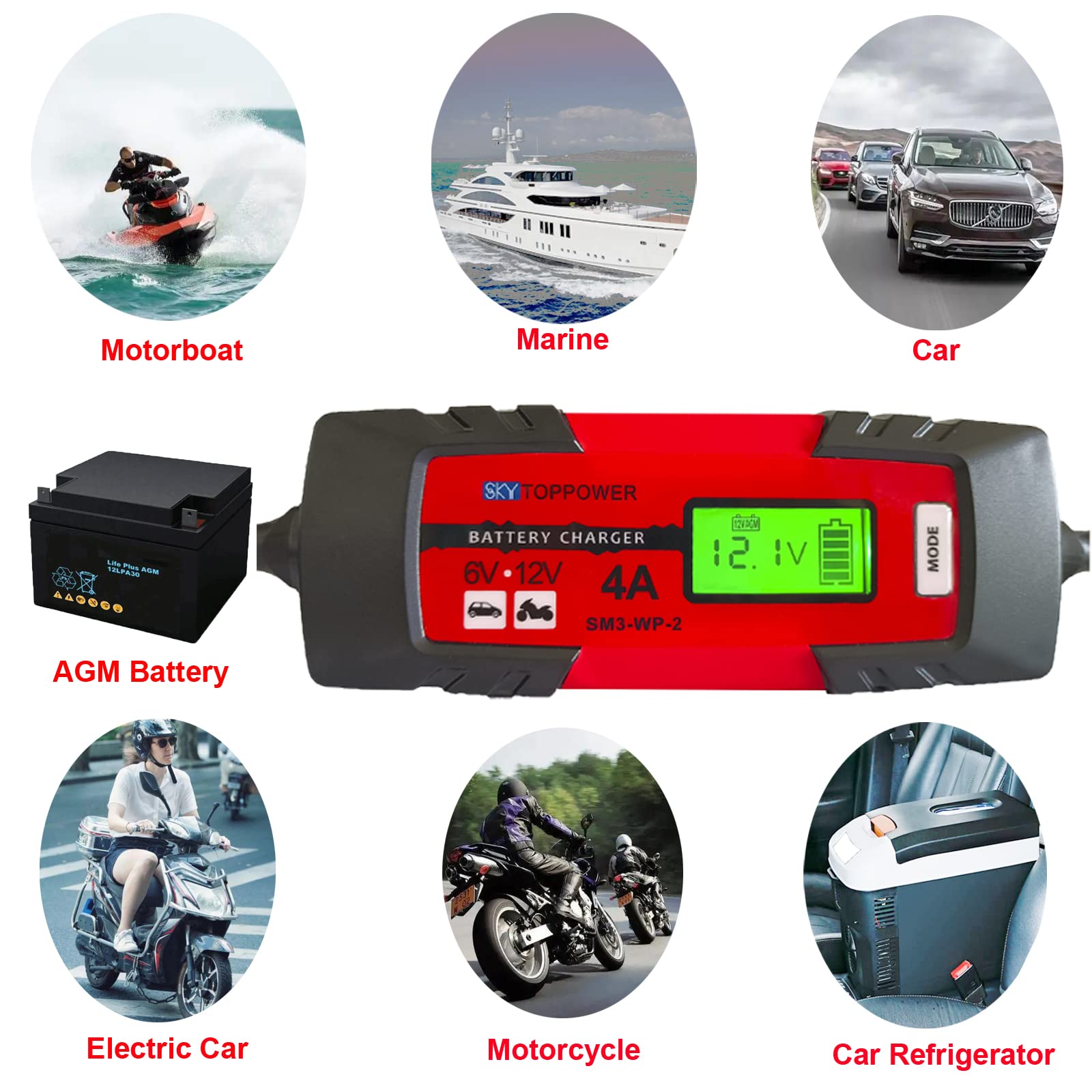 SKY TOPPOWER Battery Charger 6V/12V 4A Smart Battery Maintainer, with LCD Display,Fully Automatic Trickle Charger for Automotive Car Motorcycle, Lawn Mower,Motorcycle, Boats.