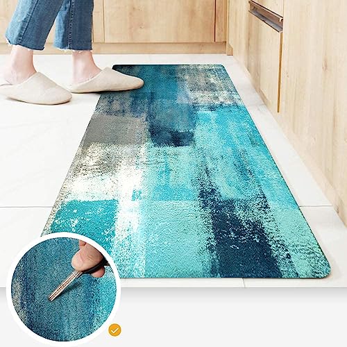 TOMWISH Turquoise Kitchen Rug 2PCS Anti-Fatigue Floor Mat Abstract Non Slip Kitchen Rugs and Mats Waterproof PVC Ergonomic Comfort Standing Mat Kitchen Rugs and Runner Sets for Kitchen,Sink,Laundry