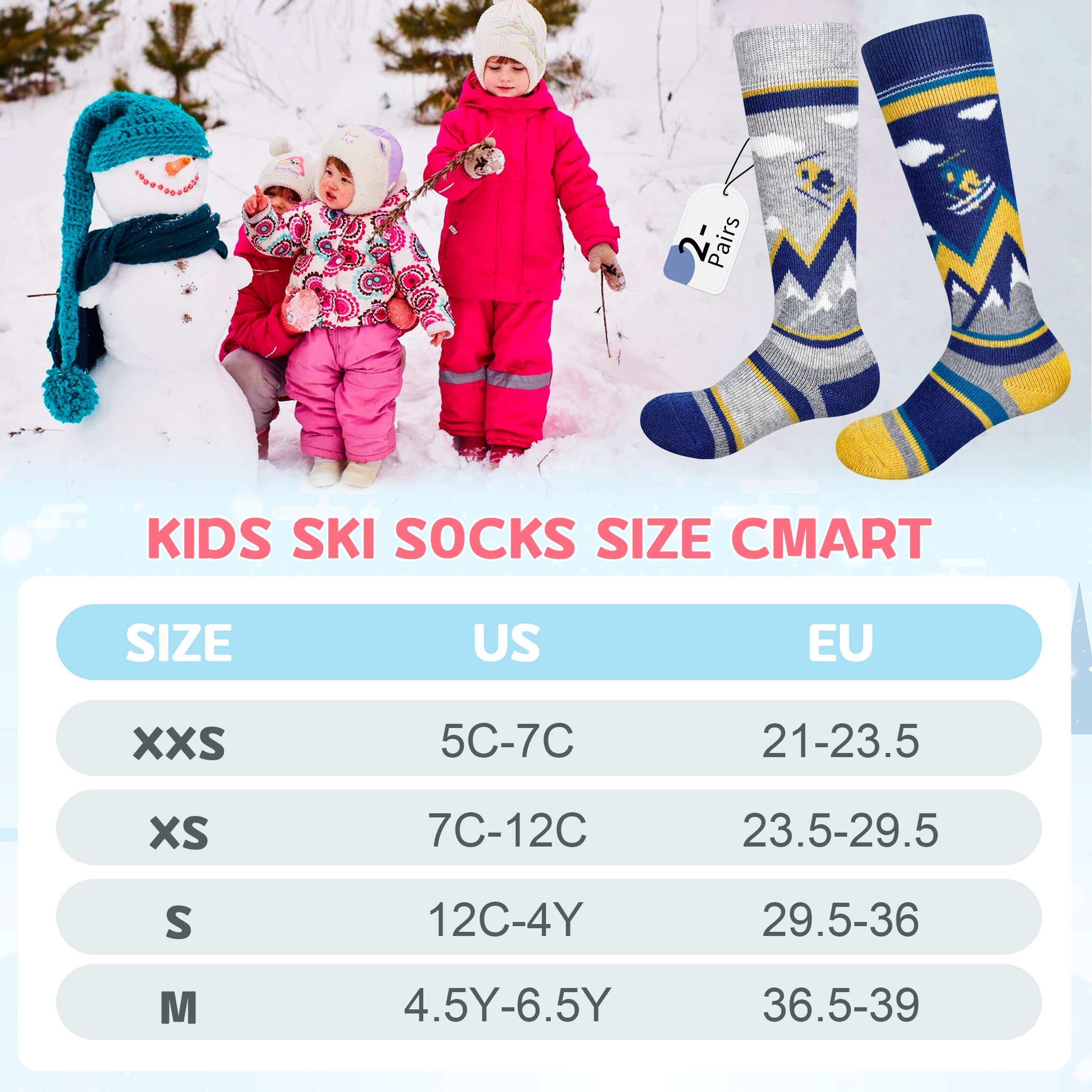 unenow Merino Wool Ski Socks Kids 2 Pairs, Winter Warm Snowboarding Thermal Socks for Boys Girls Toddlers