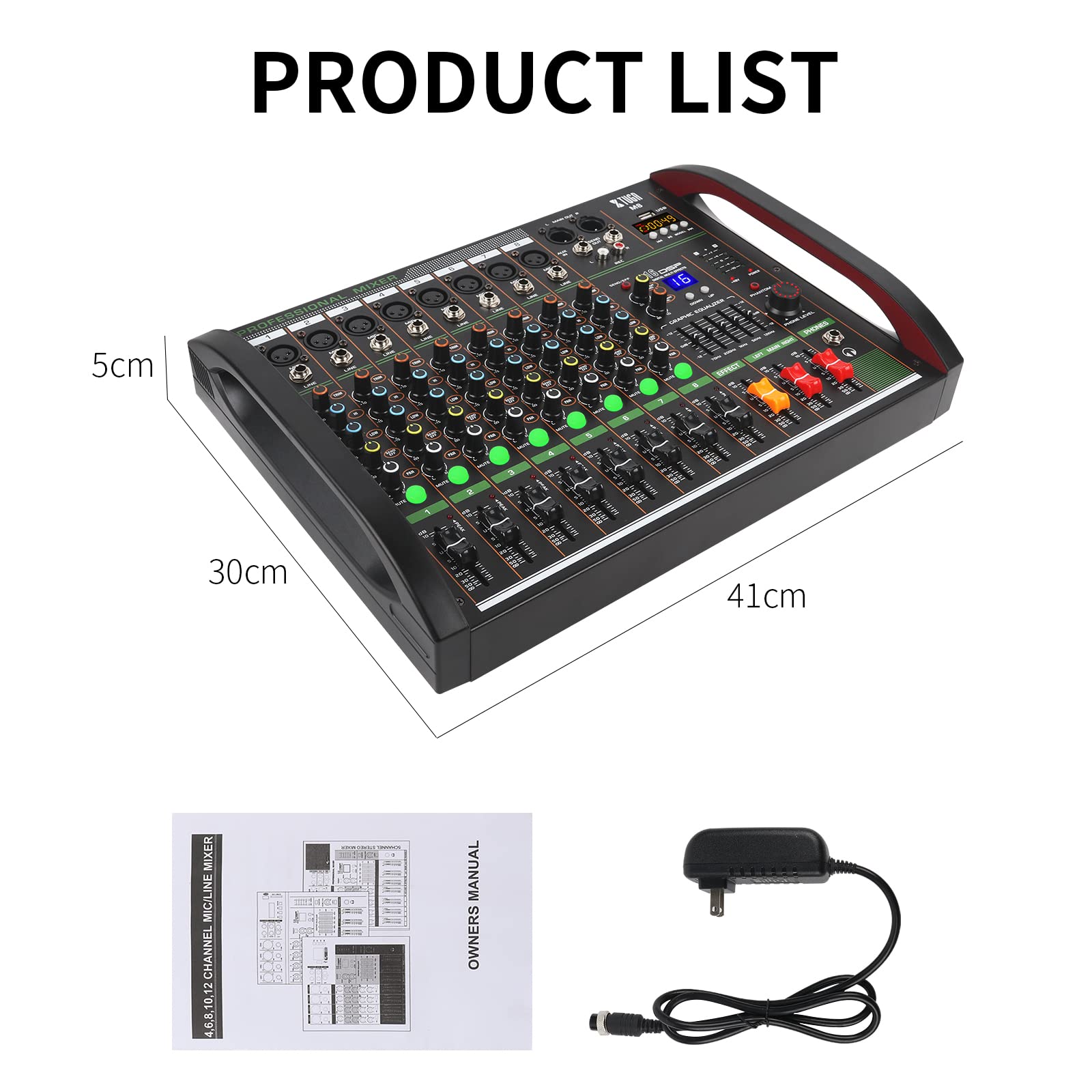 XTUGA M8 Professional 8 Channel Audio mixer Console with 16DSP,MP3 Player,+48V Phantom Power,USB,Bluetooth,Reverb,5 Band EQ for stage for Studio/DJ Stage/Party