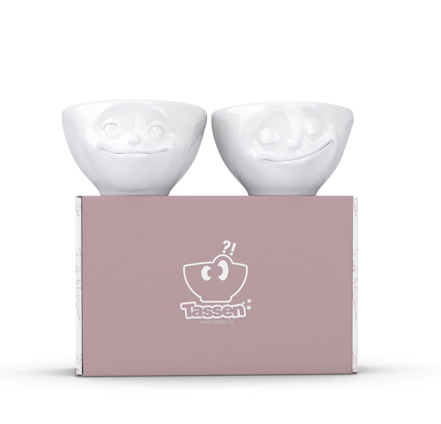 TASSEN Small Porcelain Bowl Set No. 2, Happy & Dreamy Face, 3.3 oz. White (Set of 2 Bowls)