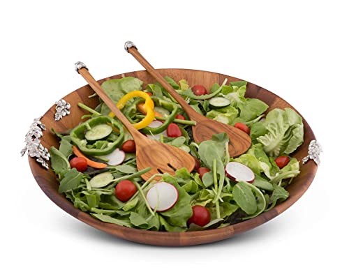 Vagabond House Wood Salad Bowl and Servers Lilacs Pattern 16 inch Diameter 4.5 inch Tall