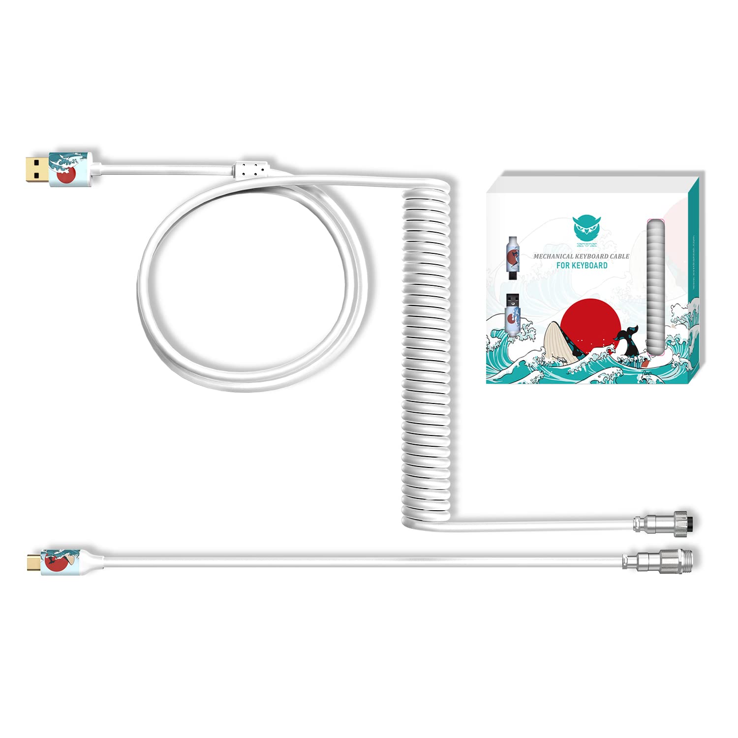 XVX Coiled Keyboard Cable, Double Sleeve White Coiled USB C Cable for Mechanical Keyboard, Keyboard Coiled Cable with Detachable Metal Aviator, 5.9in, USB-C to USB-A, Coral Sea Pattern