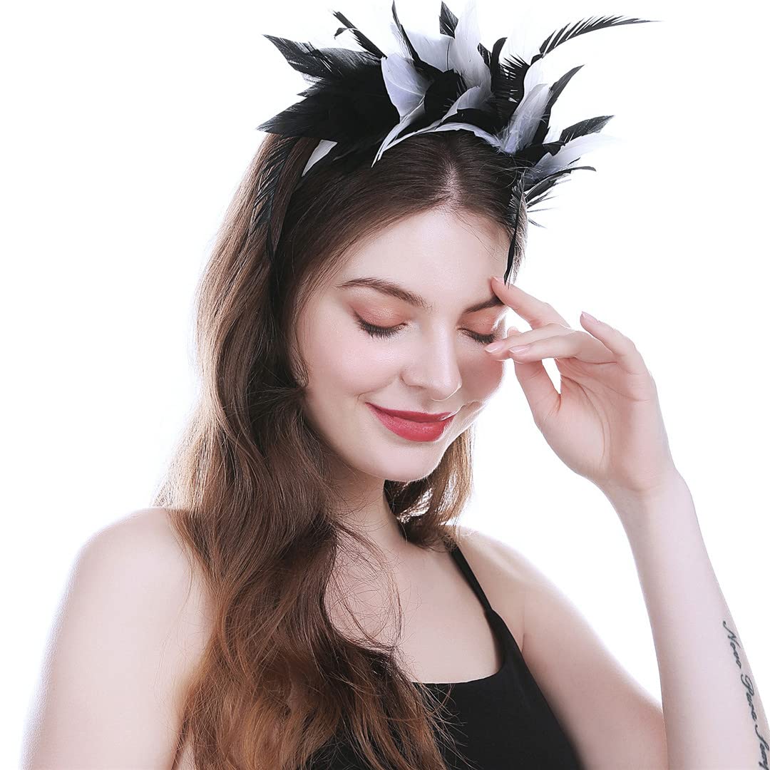 Vintage Feathers Headband 90S Female Headwear Solid Black Bridal Hair Accessories Feather Cocktail Hair Band White