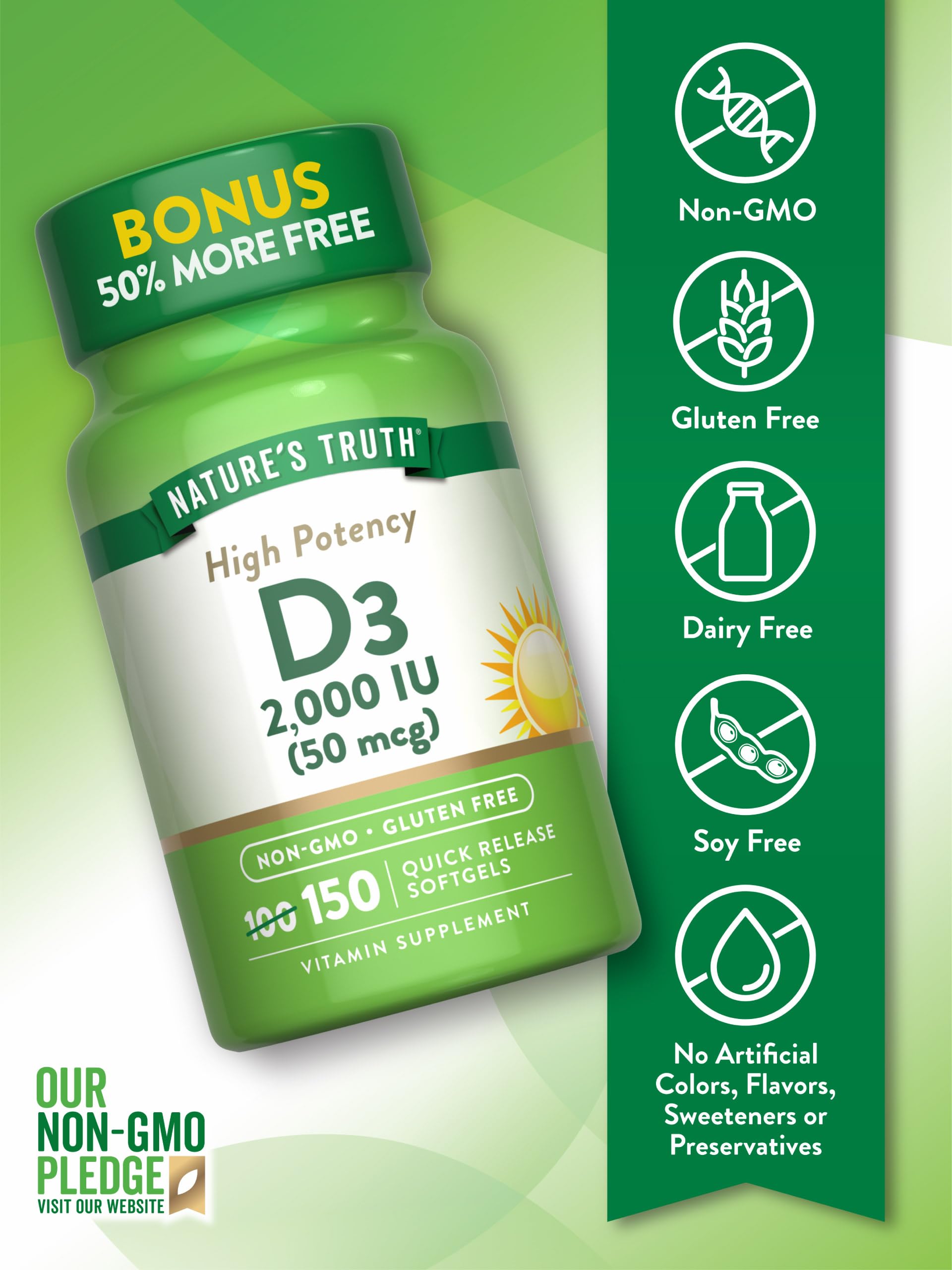 Nature's Truth Vitamin D3 2000 IU Softgels | 150 Count | High Potency | Non-GMO and Gluten Free Supplement