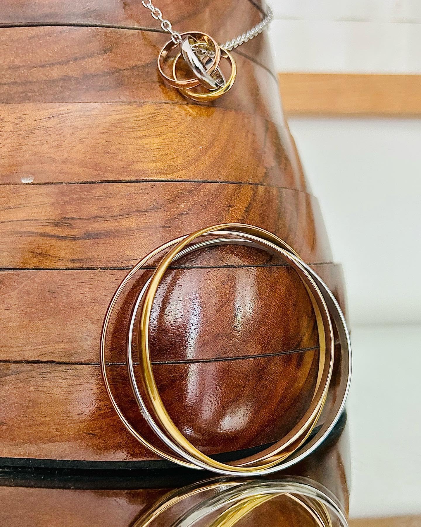 Stimm Tri-Tone Bangle Bracelet Interlocked Stainless Steel in Rose Silver Yellow Gold Women