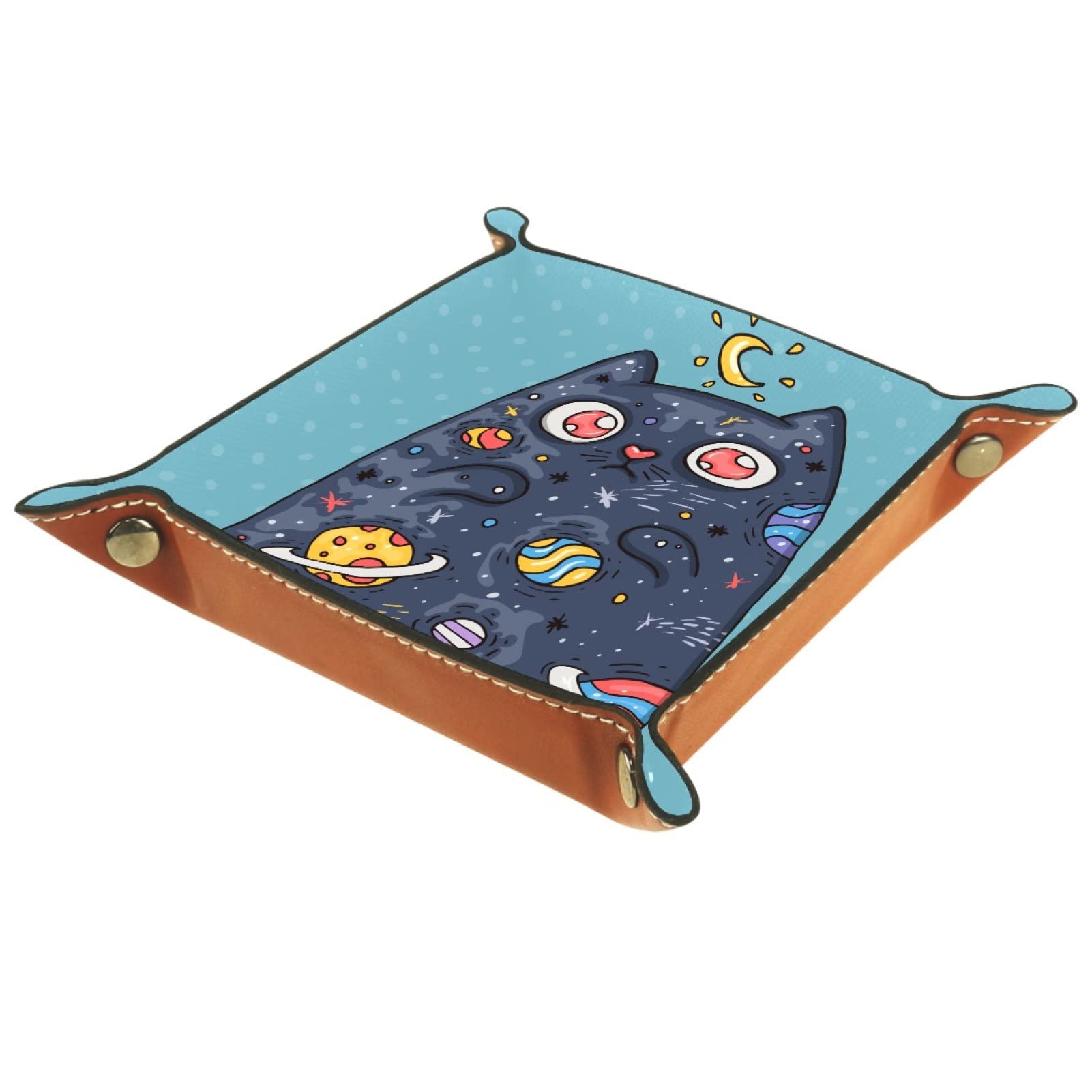 WOSHISHUI Dice Tray Dice Rolling Tray Holder Storage Box for RPG DND Table Games, Folding PU Leather Cute Blue cat,8.1x8.1in