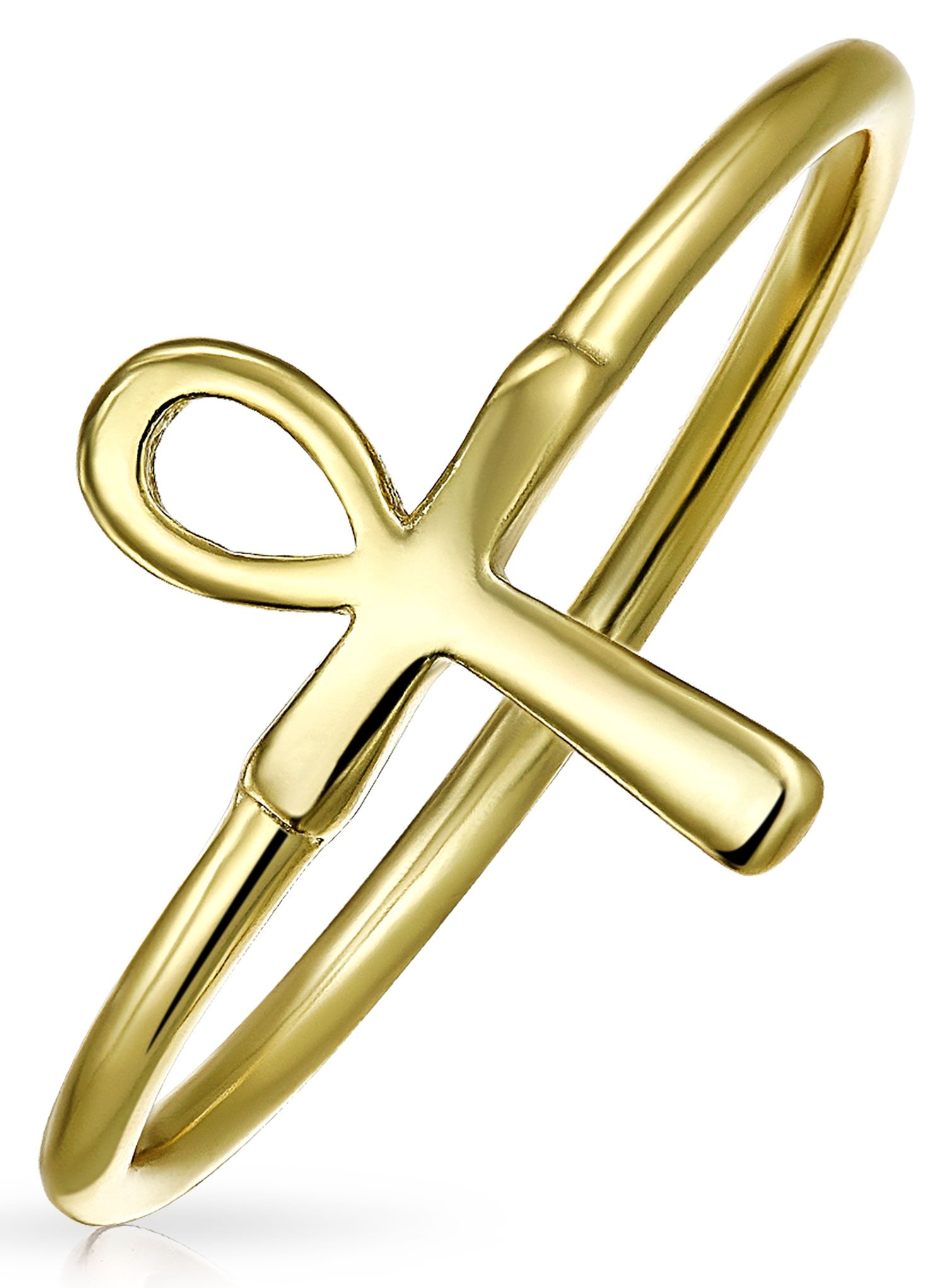 Minimalist 14K Gold Plated .925 Sterling Silver Midi Knuckle 1MM Band Stackable Ankh Cross Egyptian Symbol Of Life Ring