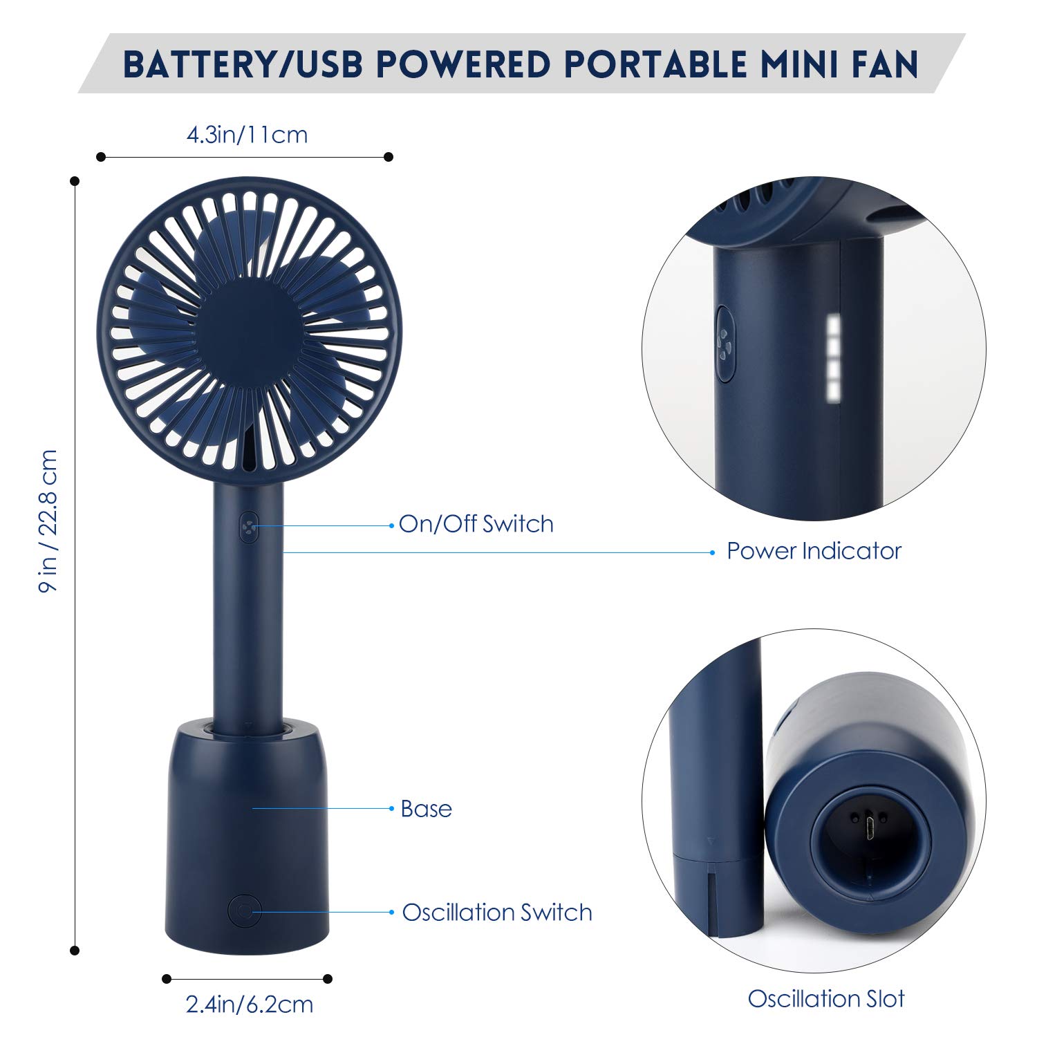 NUÜR Mini Handheld Fan, Oscillating Desktop Cooling Fan with USB Rechargeable 2000mAh Battery for Office Room, Portable for Outdoor, Travelling, Camping (Rotation)