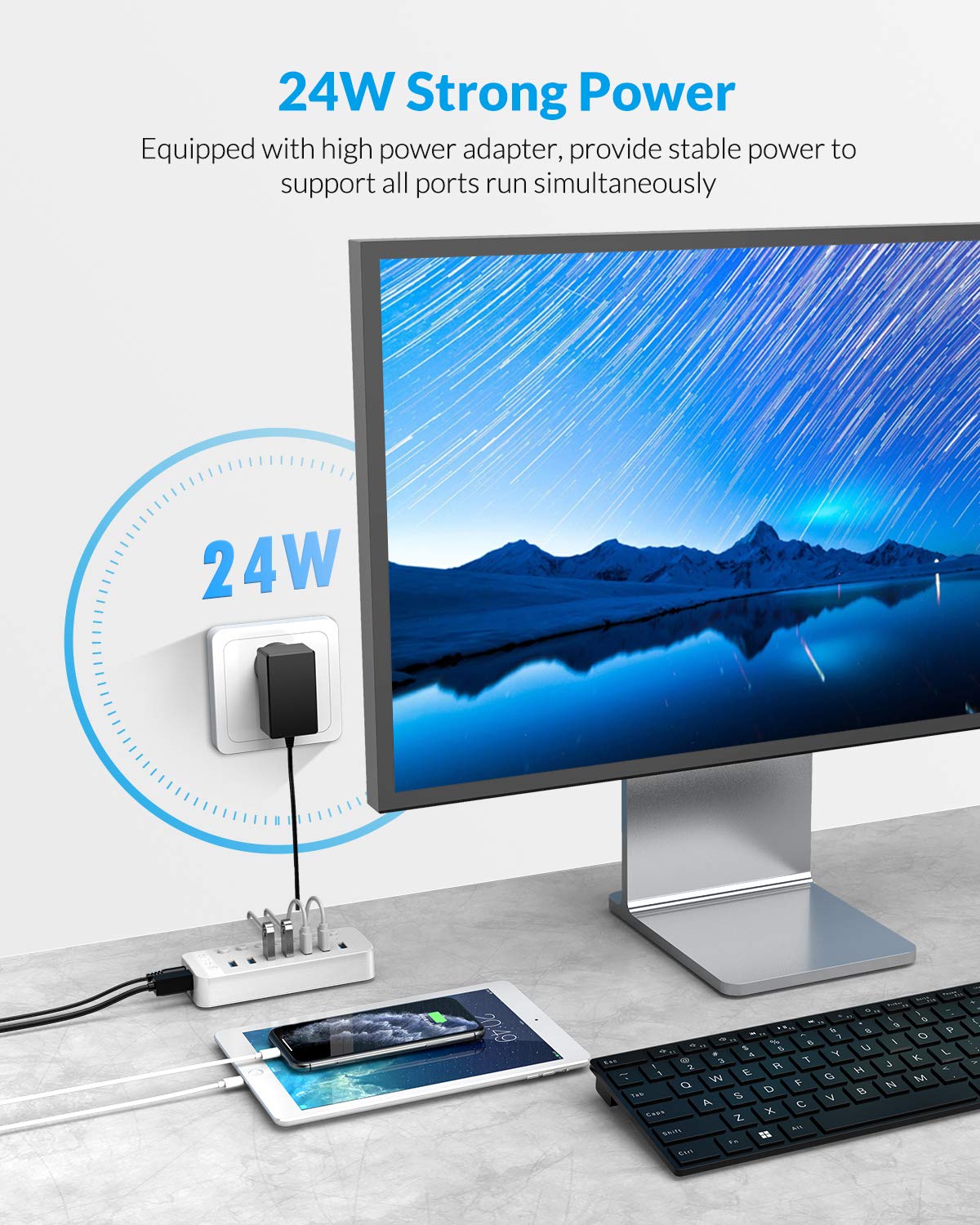 ORICO Powered USB Hub 3.0, 7 Ports USB Charger Hub Splitter with 12V/2A AC Adapter, Individual On/Off Switches for Desktop Computer, PC, iMac, Mobile HDD, Flash Drive