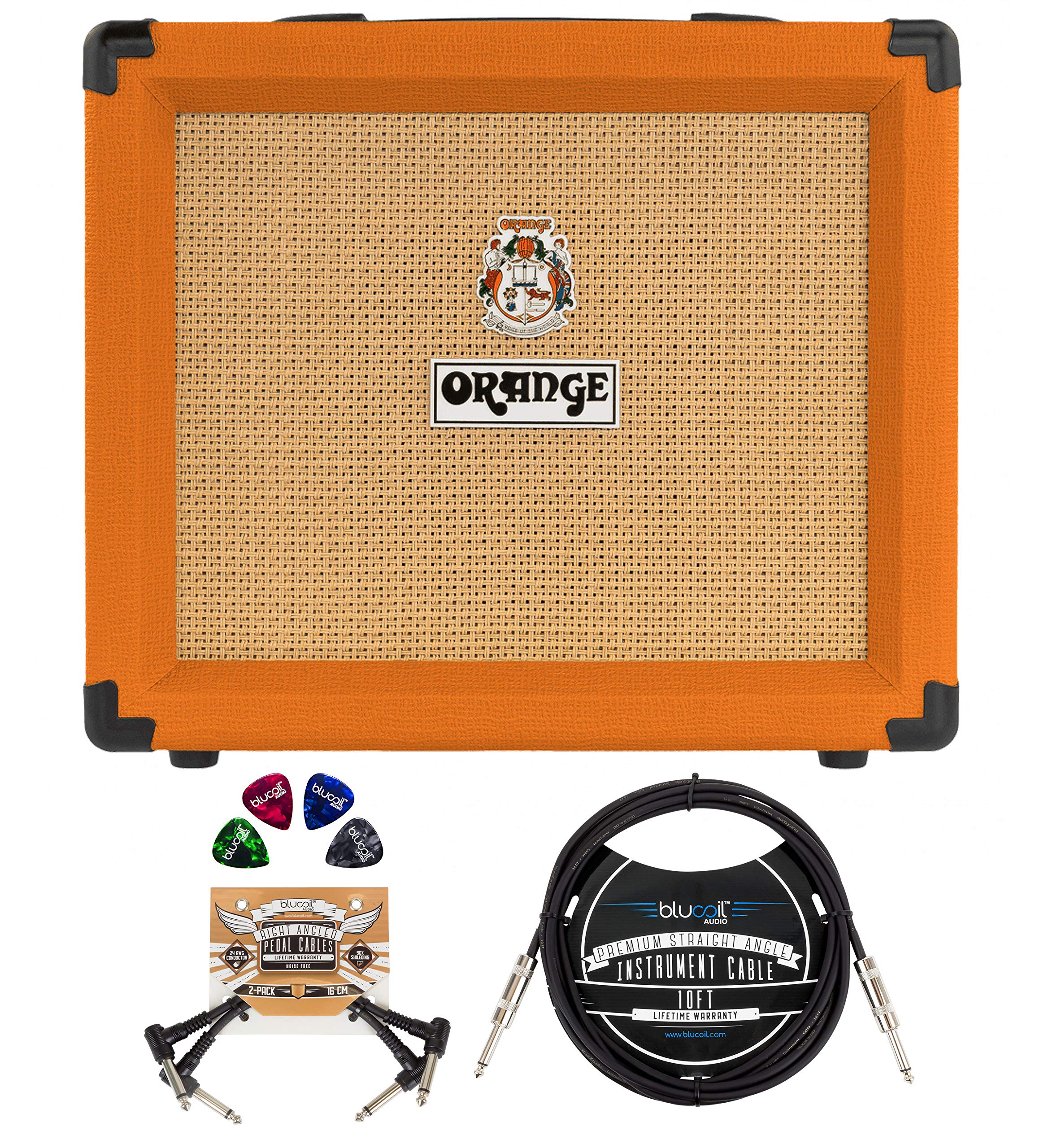 Orange Amps Crush 20RT Amplifier for Electric Guitars (Orange) Bundle with Blucoil 10-FT Straight Instrument Cable (1/4in), 2-Pack of Pedal Patch Cables, and 4-Pack of Celluloid Guitar Picks