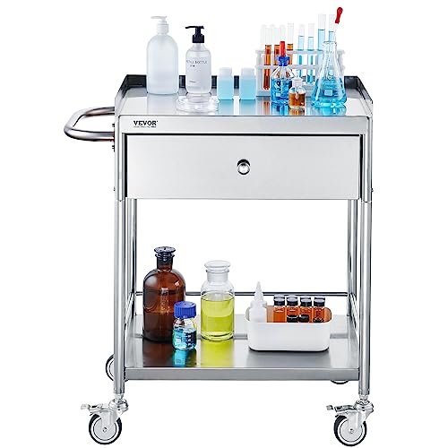 VEVOR Medical Trolley, Dual-Tier Stainless Steel Trolley with a 220 lbs Load Limit, Equipped with Quiet 360° Casters and a Drawer, Ideal for Laboratories, Clinics, Kitchens, and Salons