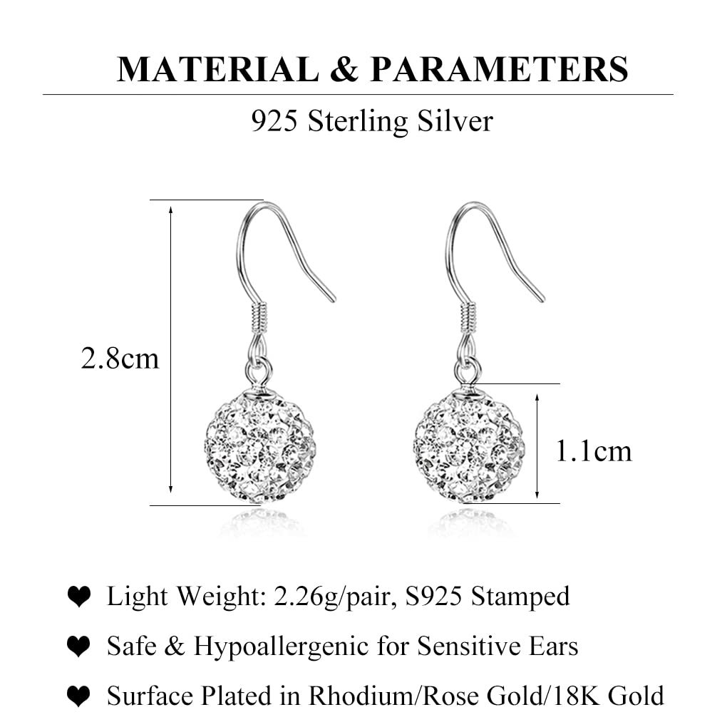 SLUYNZ 925 Sterling Silver Rhinestone Drop Earrings for Women Teens Shiny CZ Ball Dangle Earrings